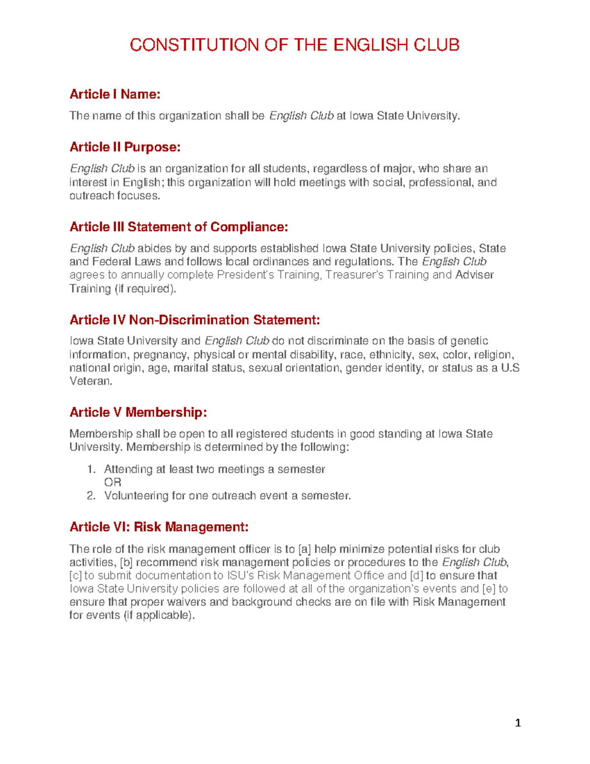 English Club Constitution updated template - Article I Name: The name ...