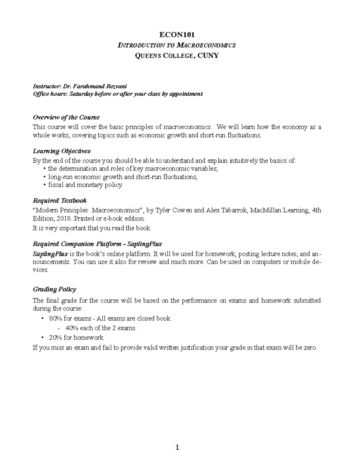 ECON 101 Syllabus Spring 2020 - ECON INTRODUCTION TO MACROECONOMICS QUEENS COLLEGE, CUNY ...