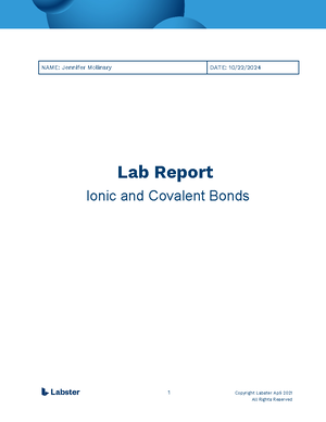 Lab Report Ionic and Covalent Bonds (21) - NAME: Ashleigh Pollan DATE: 10/30/ Lab Report Ionic ...