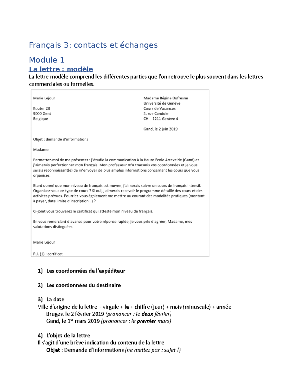 Vocabulaire Français 3 - Français 3: contacts et échanges Module 1 La ...