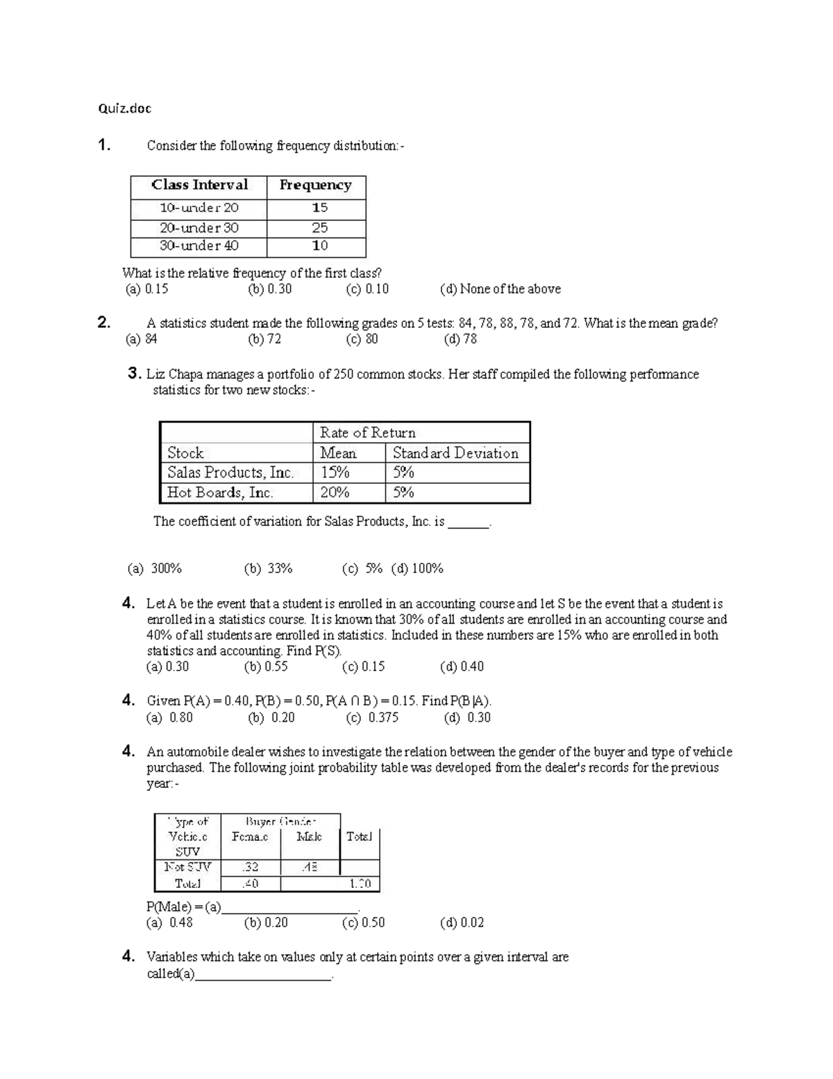 sample question papers - Quiz Consider the following frequency ...