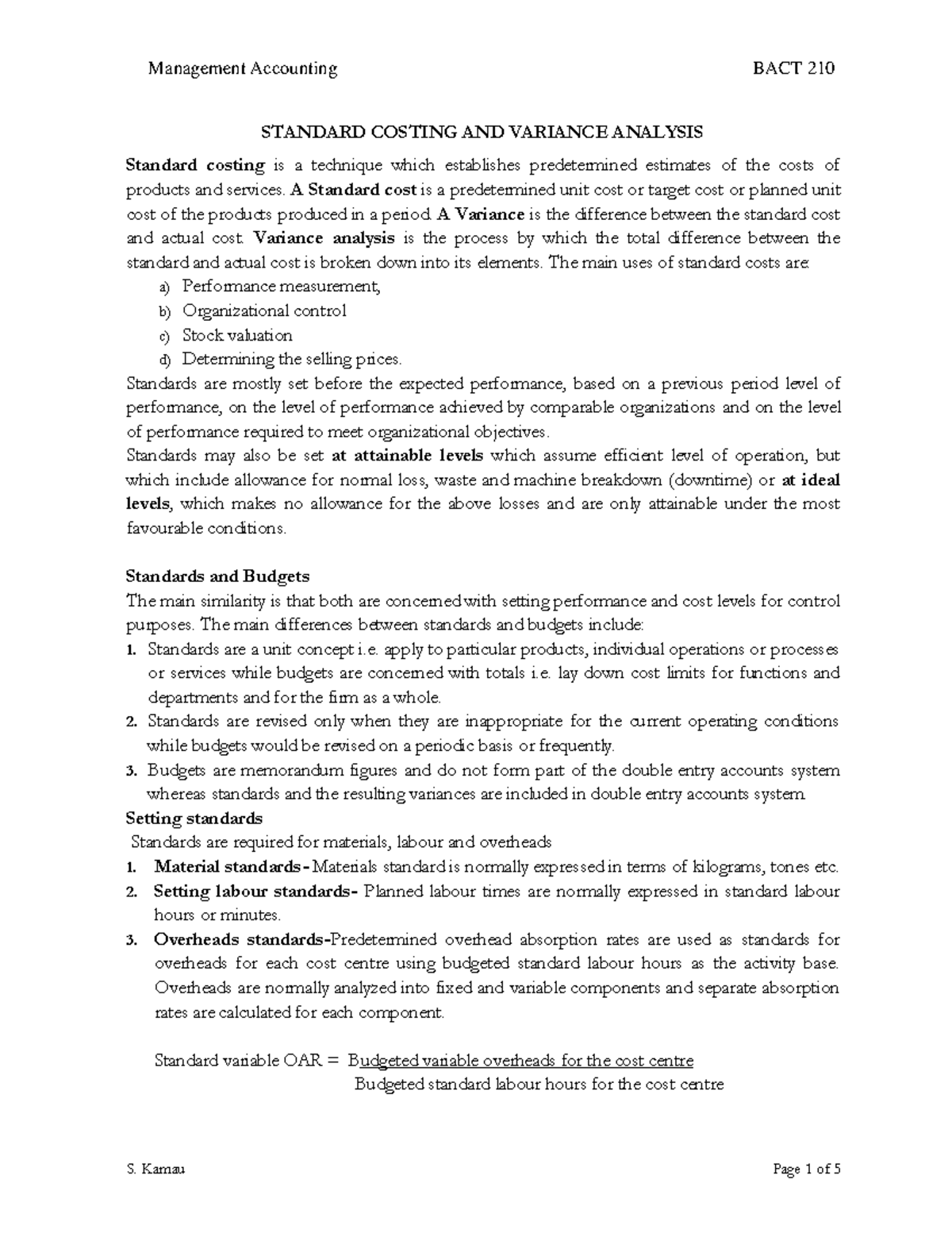 Standard Costing AND Variance Analysis - STANDARD COSTING AND VARIANCE ...
