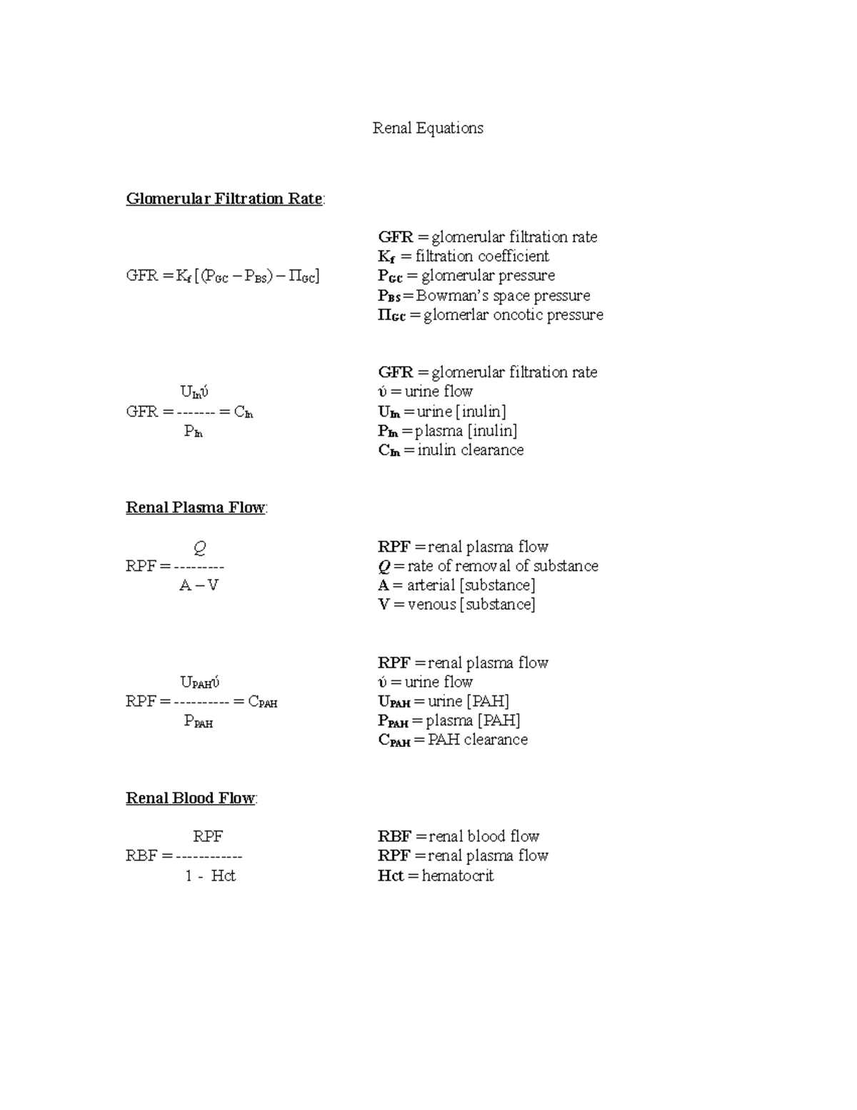 Physiology Renal Equations 1020 Review - Renal Equations Glomerular ...