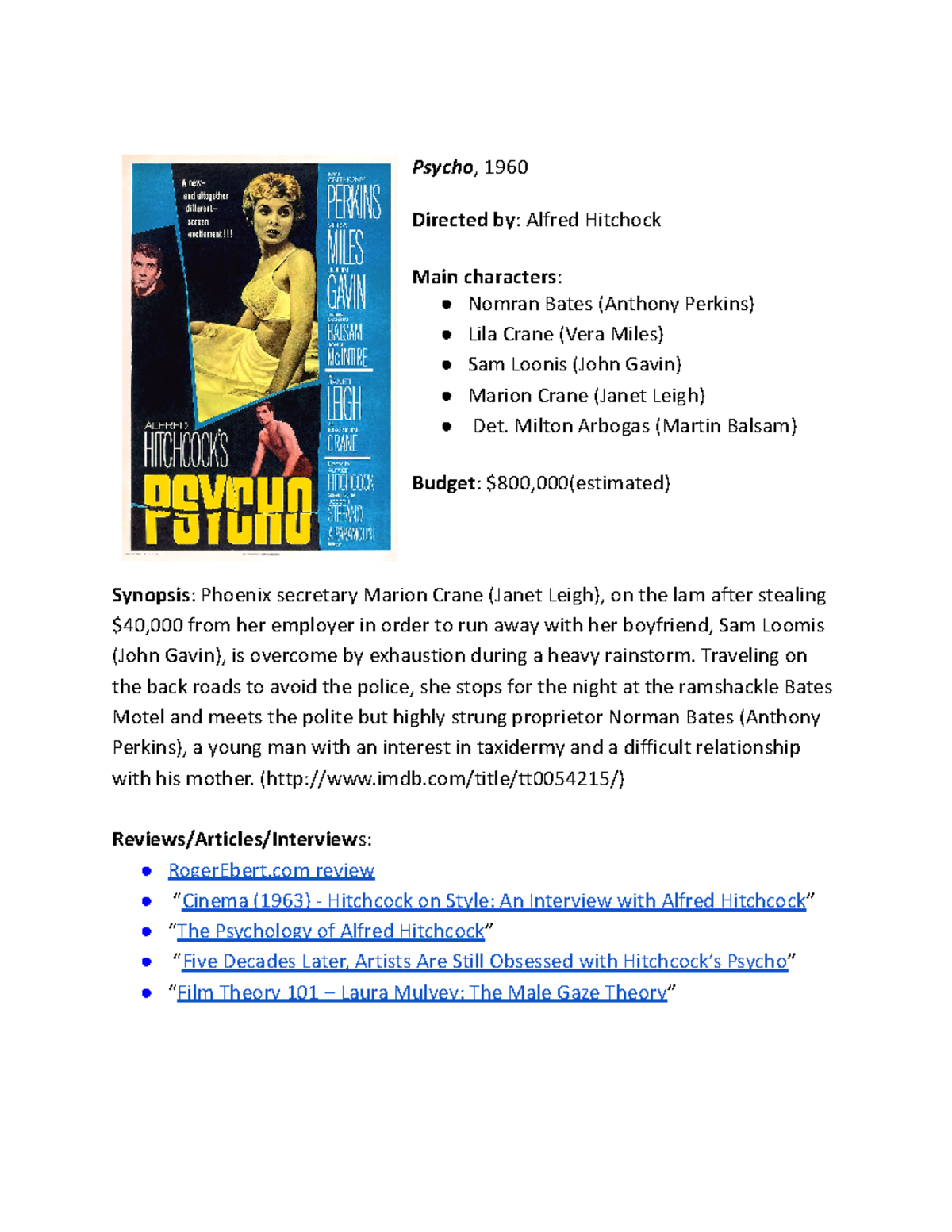 Psycho, 1960 - Google Docs - Psycho, 1960 Directed by: Alfred Hitchock ...