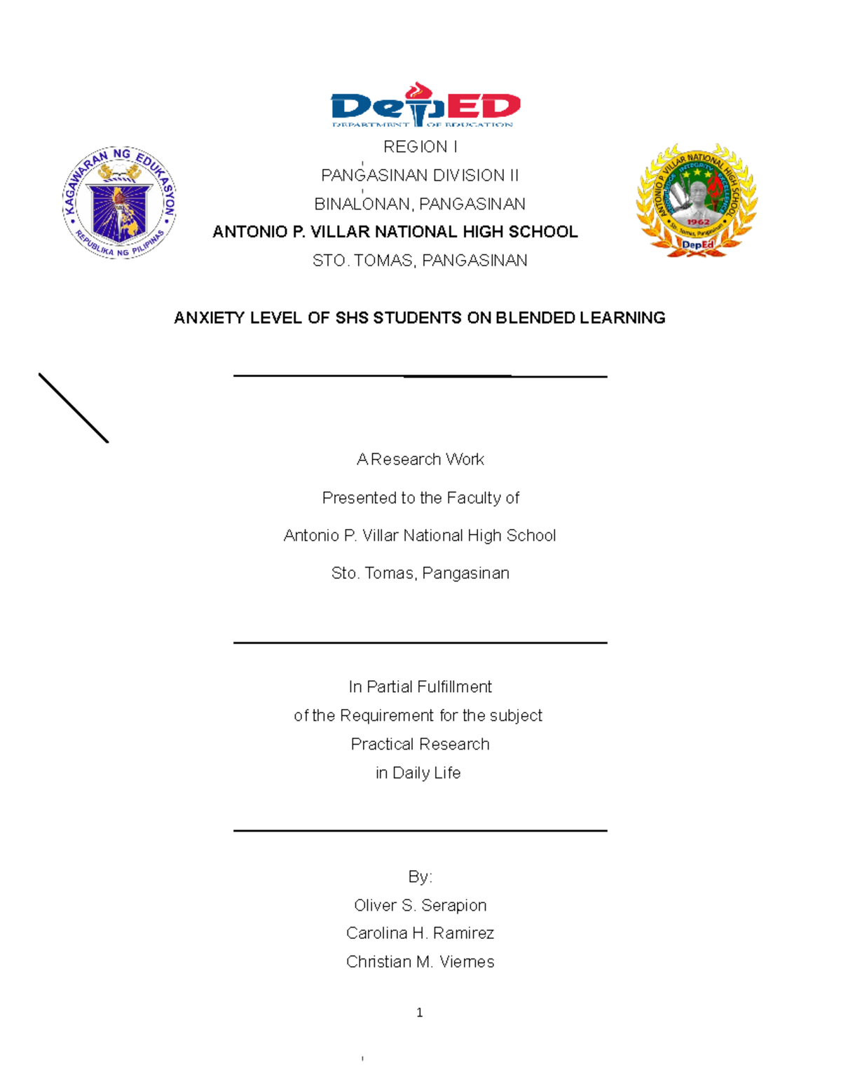 PR2 STEM12 Group 2 Chapter 1-5 - REGION I PANGASINAN DIVISION II BINALONAN, PANGASINAN ANTONIO P ...