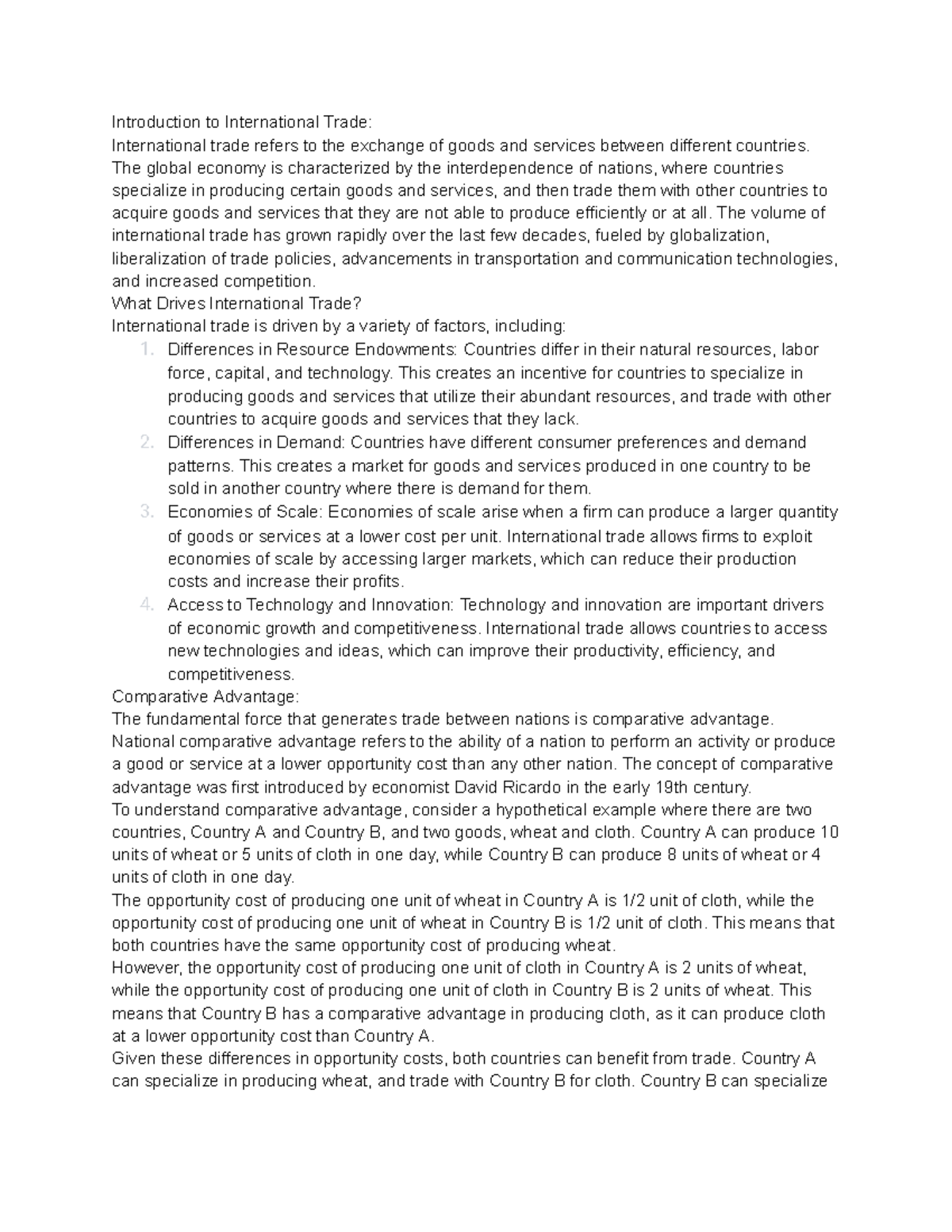 Econ101 Lecture Notes 2 Introduction To International Trade International Trade Refers To The