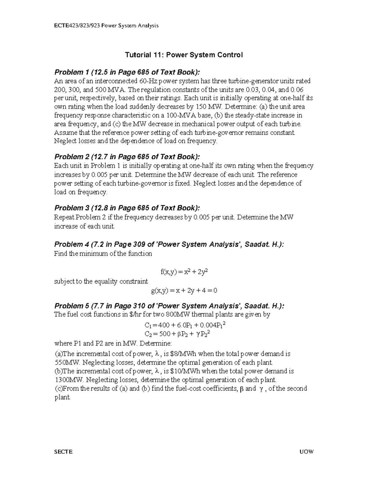 Tut11 ECTE423 823 923 2023 - SECTE UOW ECTE423/823/923 Power System ...