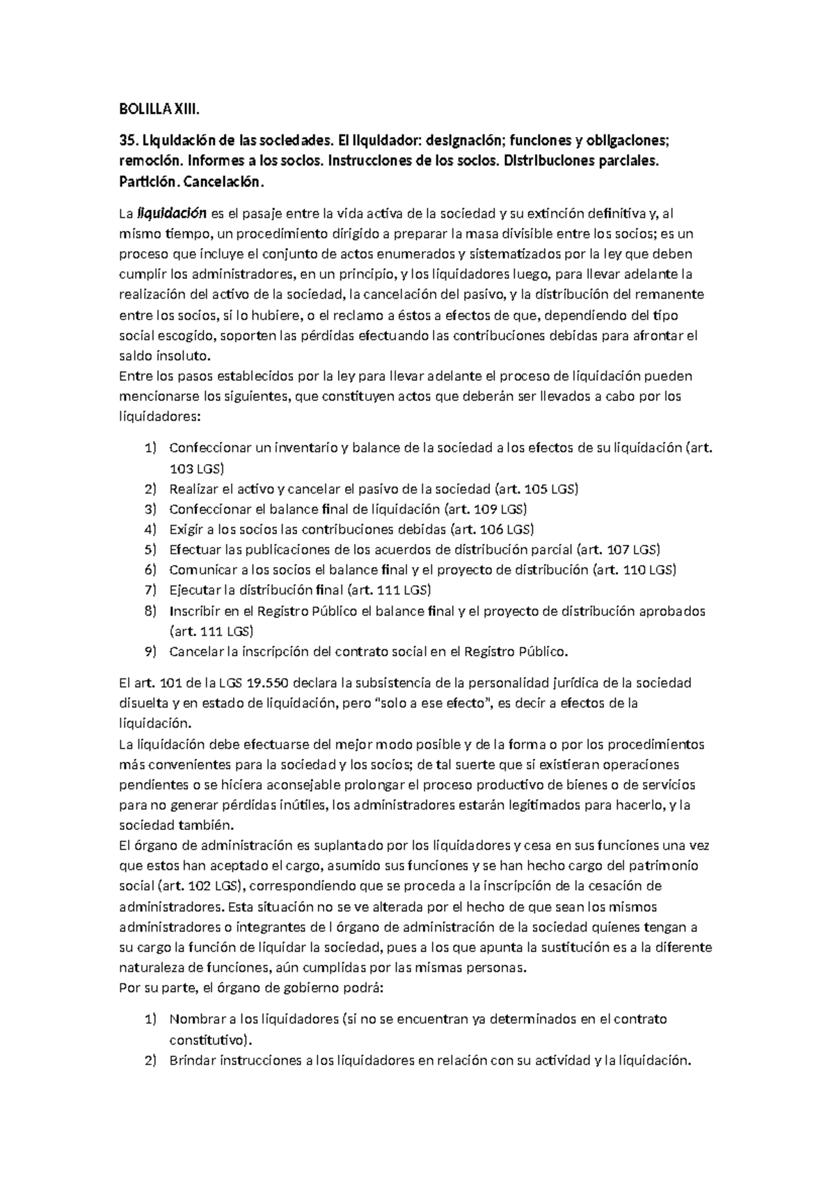 Bolilla XIII- Liquidación - BOLILLA XIII. Liquidación de las sociedades ...