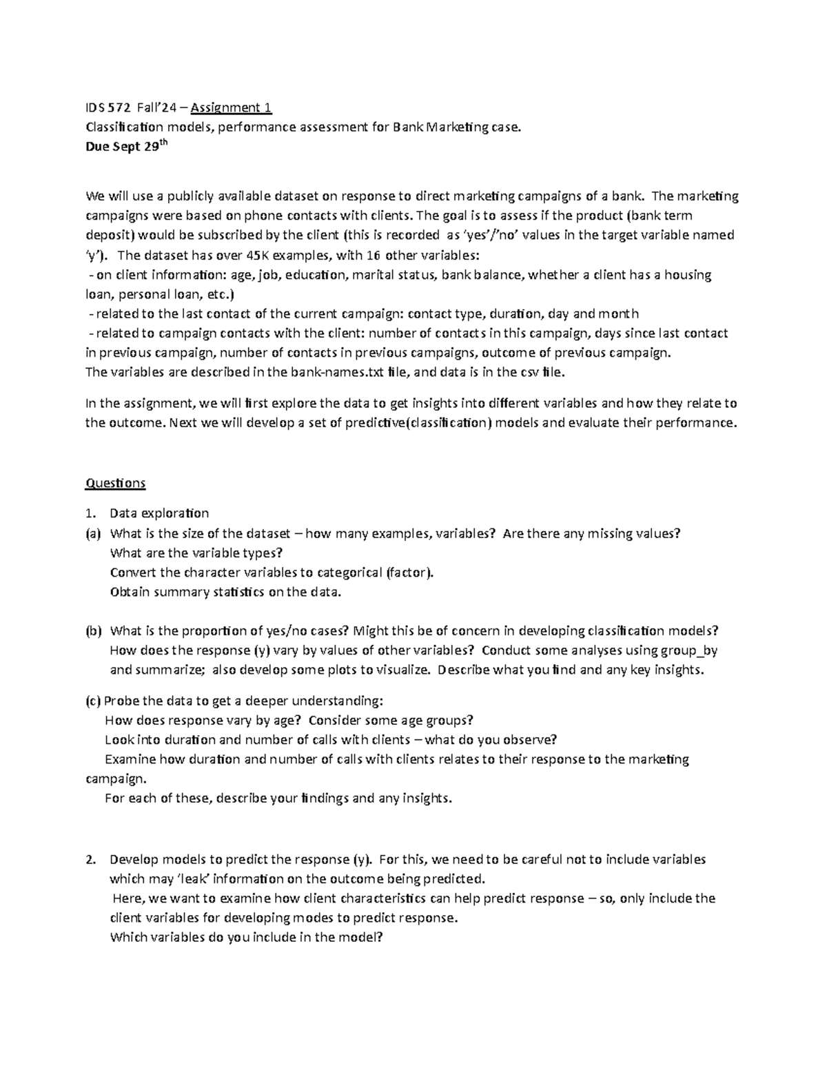 Assgt 1 - bank marketing case - IDS 572 Fall’2 4 – Assignment 1 Classification models ...