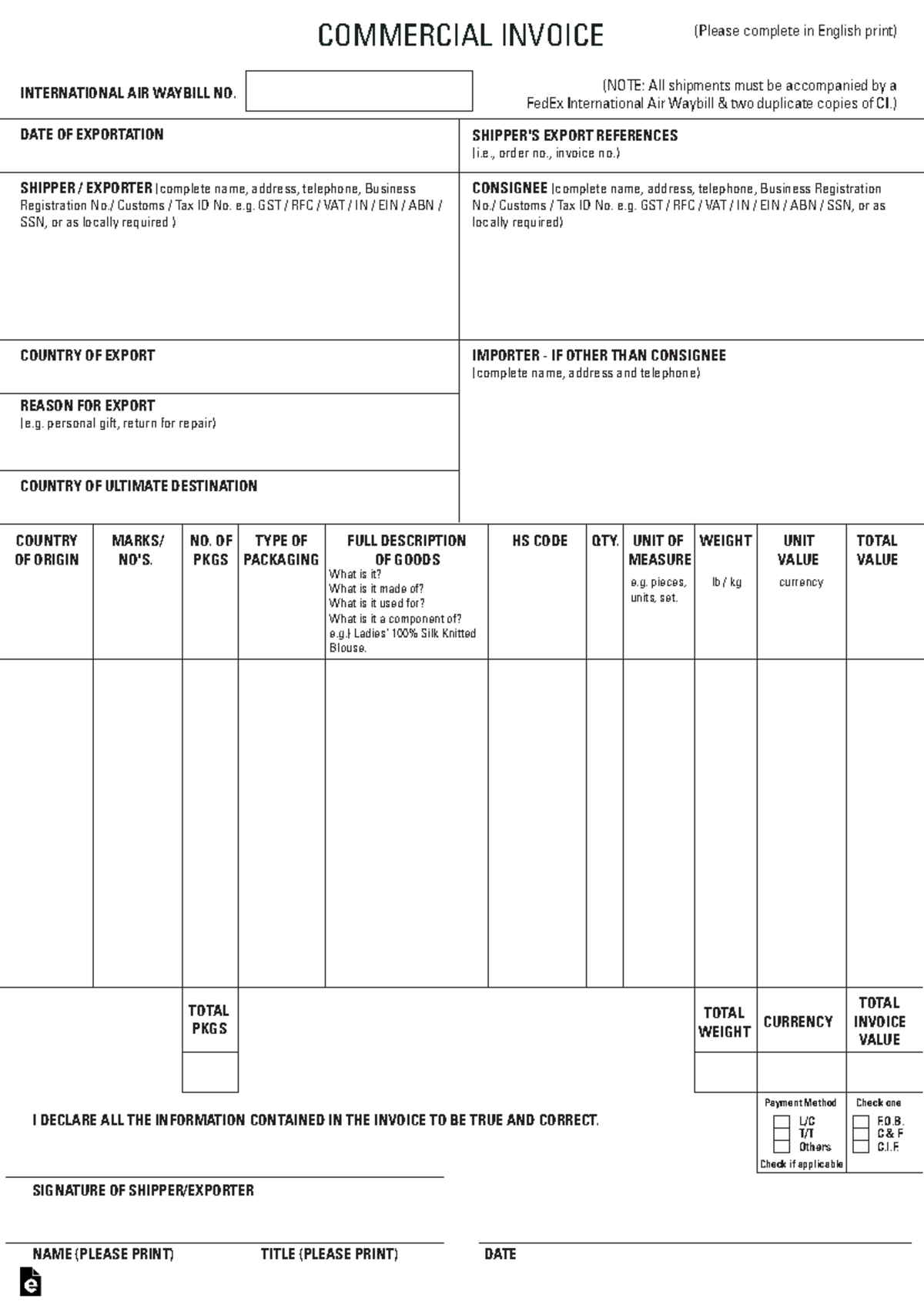 International commercial invoice template - COMMERCIAL INVOICE ...
