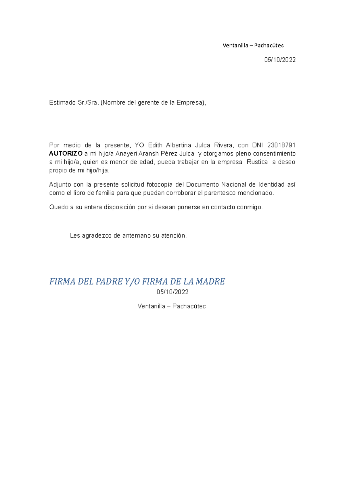 Ejemplo de carta de autorización para trabajar - Ventanilla ...