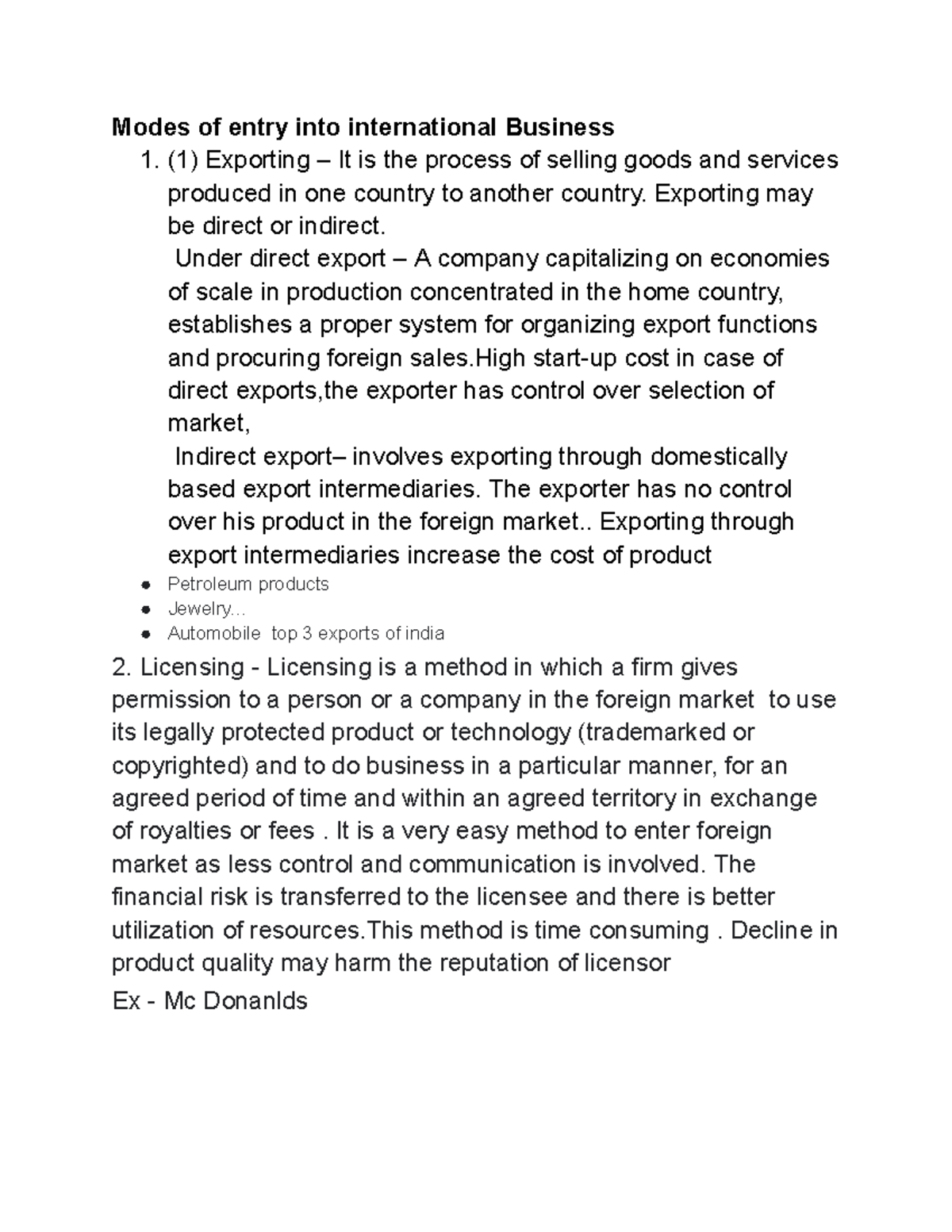 IB Notes unite 1 - Modes of entry into international Business 1. (1 ...