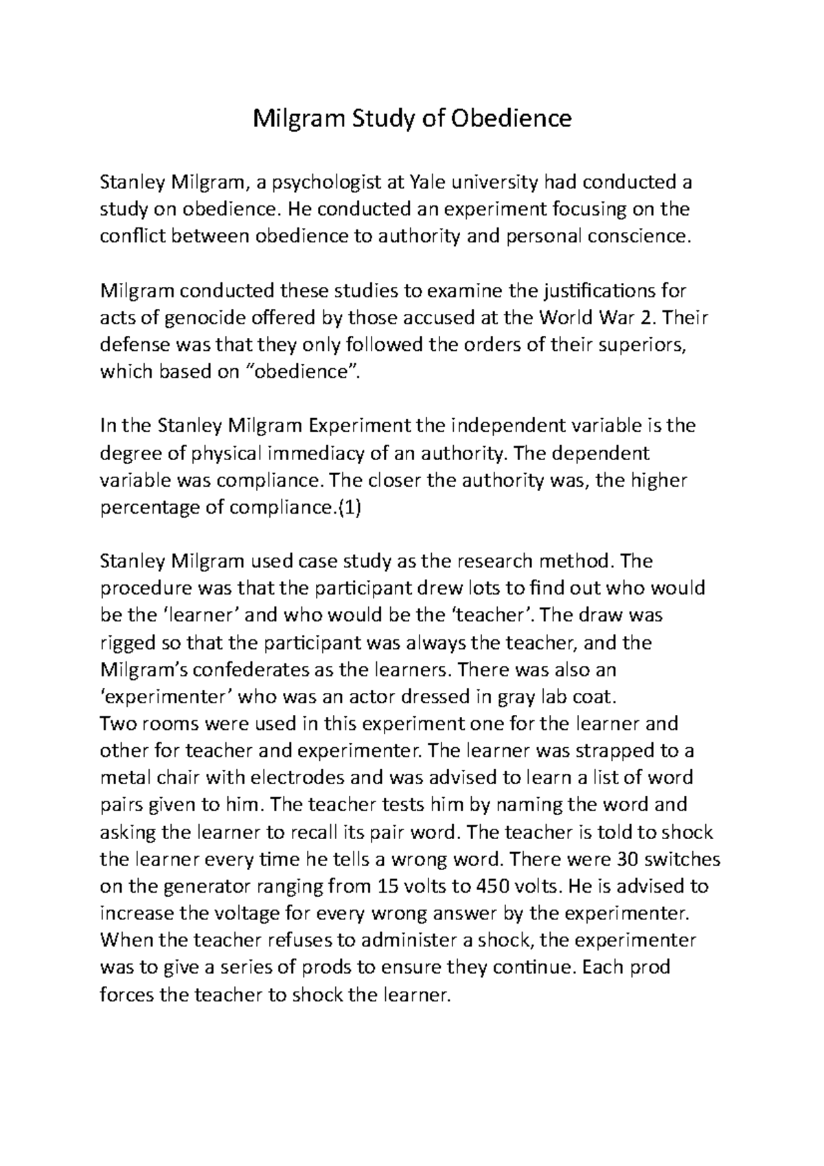 Milgram Study of Obedience - Milgram Study of Obedience Stanley Milgram ...