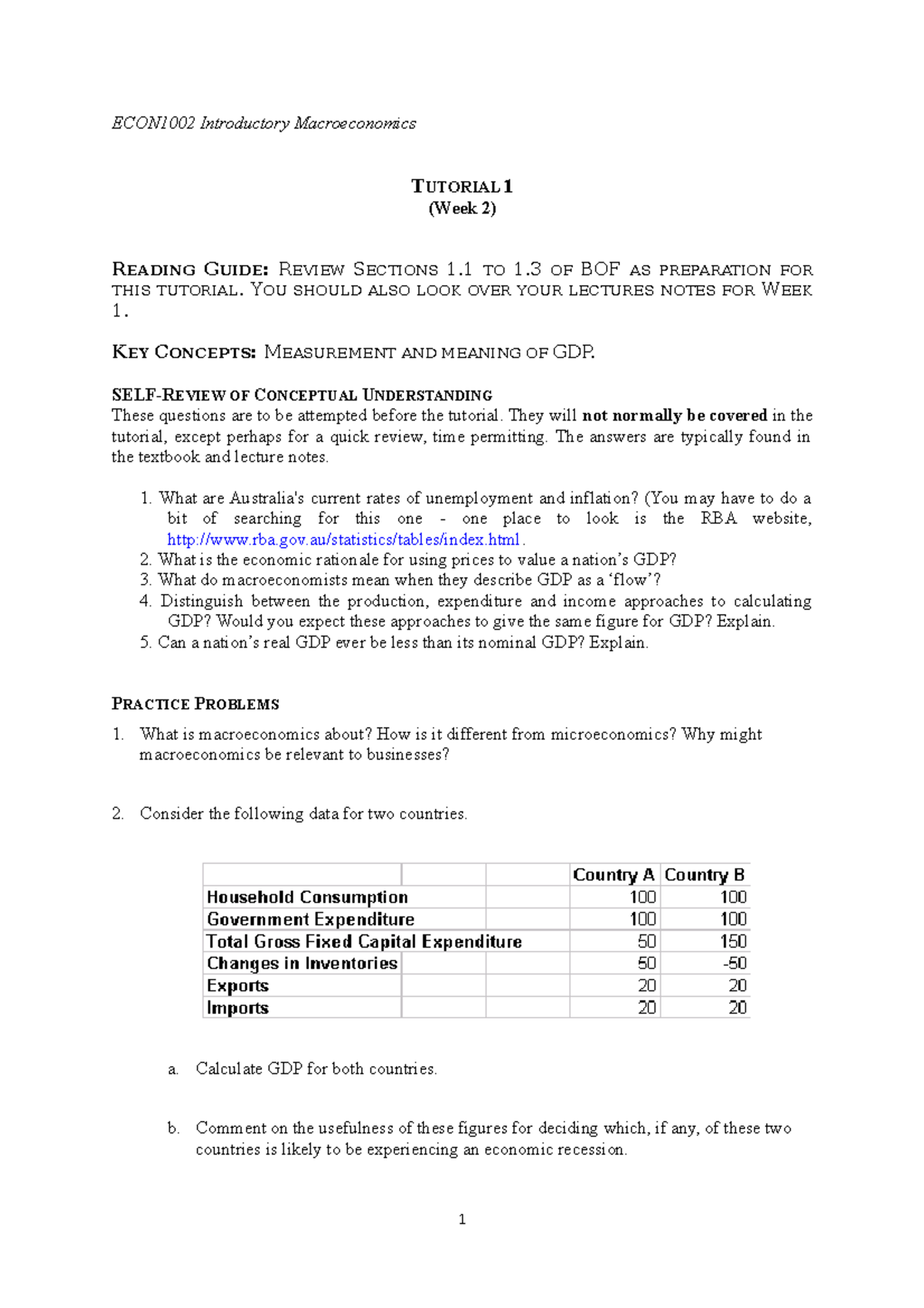 Tutorial 01 Questions - ECON1002 Introductory Macroeconomics TUTORIAL 1 ...