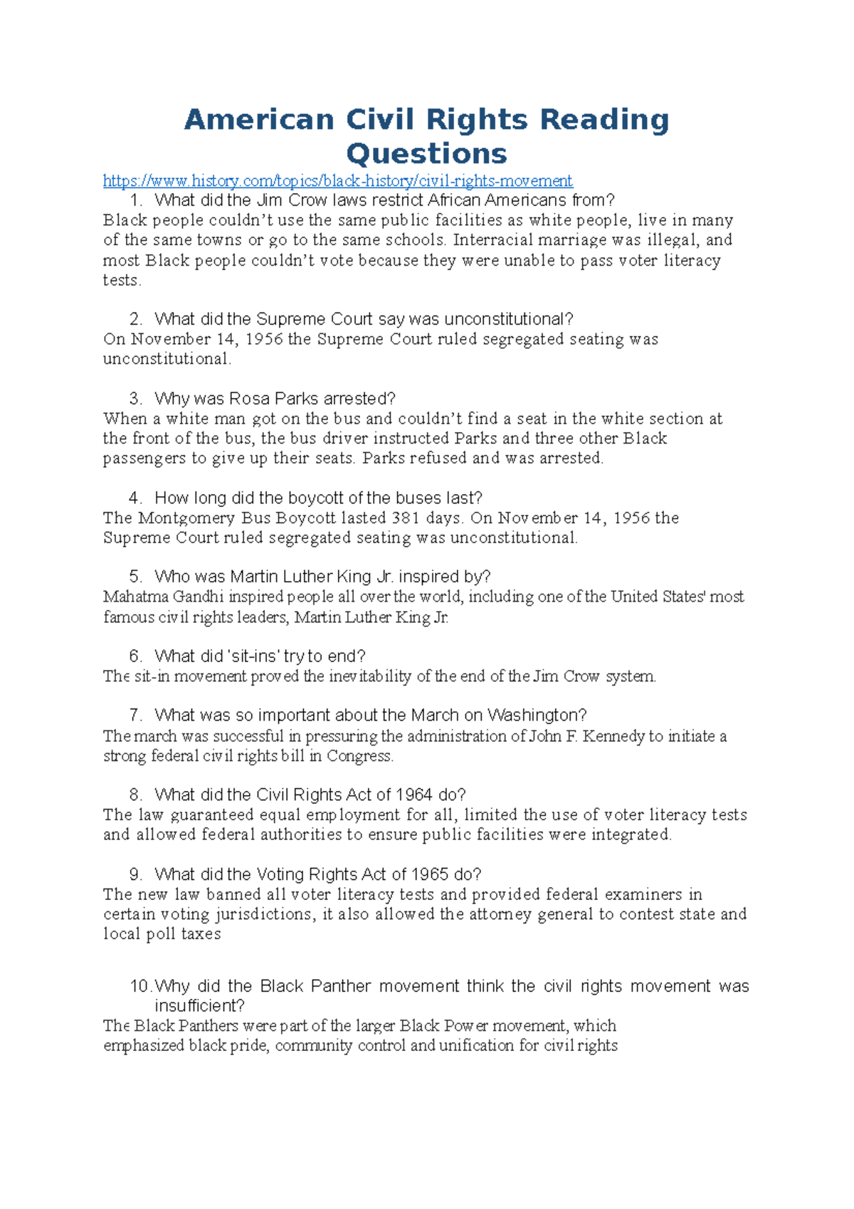 American Civil Rights Reading Questions - American Civil Rights Reading ...