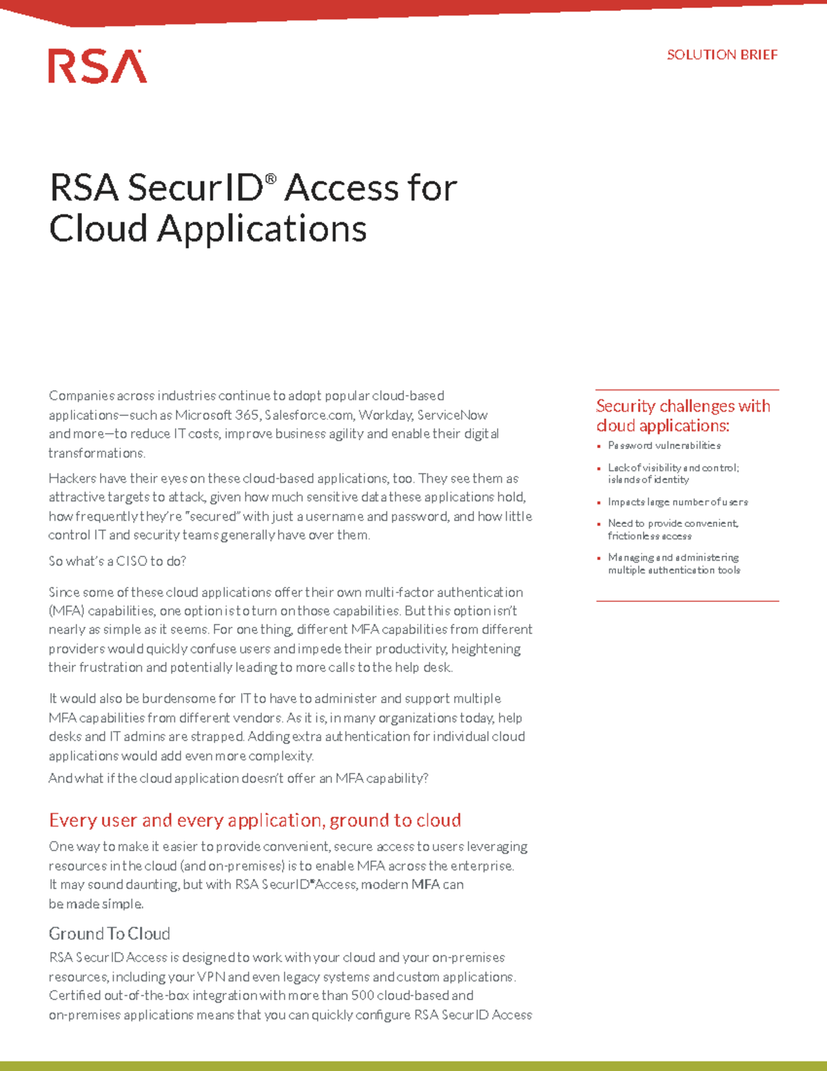 Solution Brief- RSA Secur ID Access for Cloud Applications - SOLUTION BRIEF RSA SecurID ® Access ...