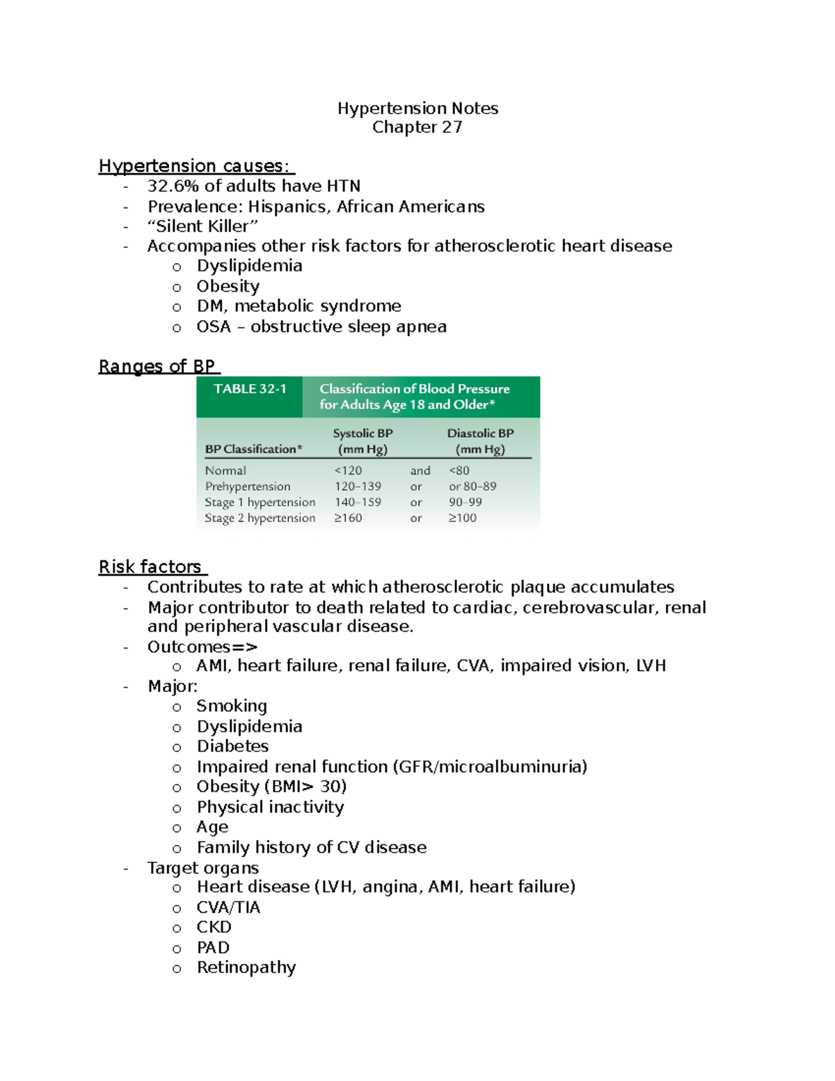 Notes - T1. Hypertension - Hypertension Notes Chapter 27 Hypertension ...