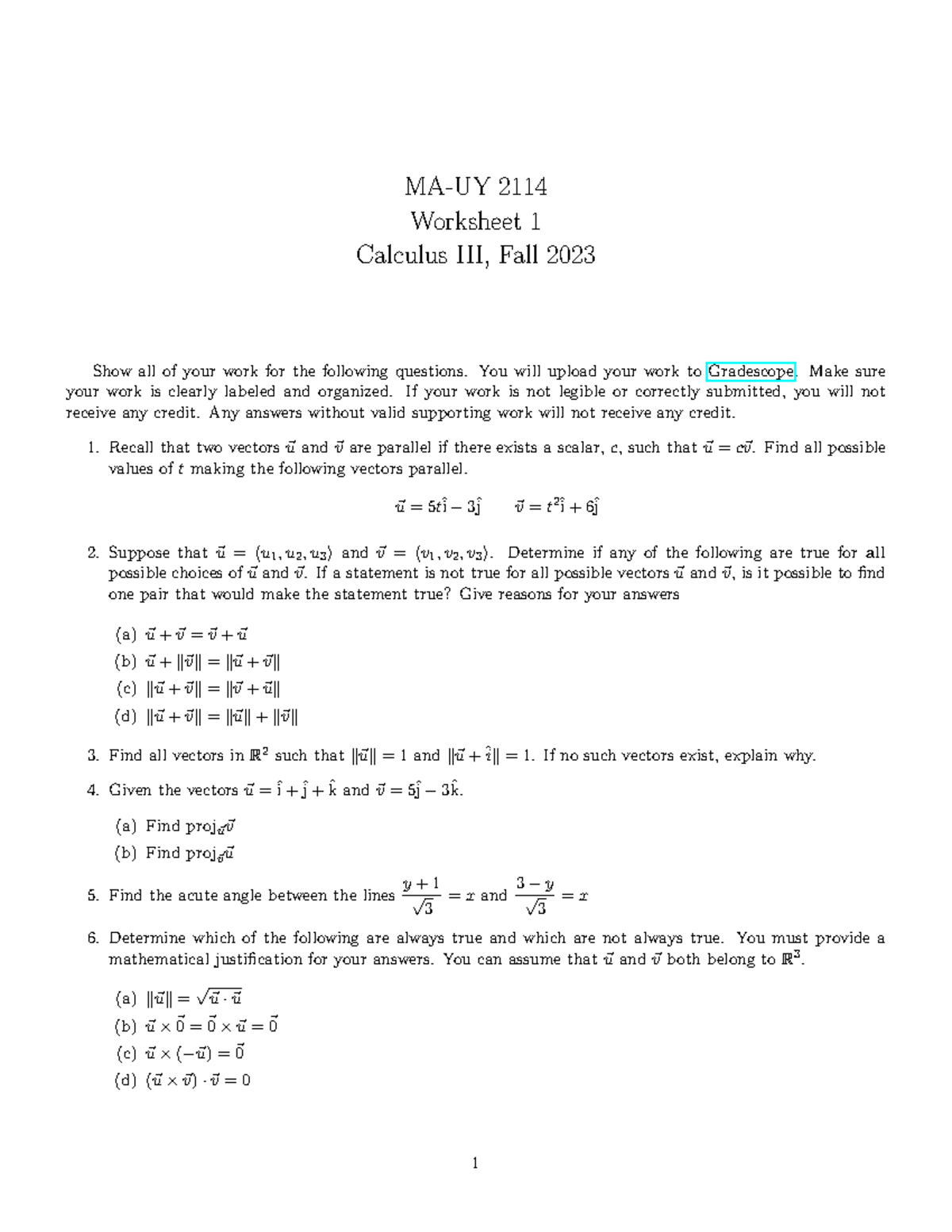 Worksheet 1 - MA-UY 2114 Worksheet 1 Calculus III, Fall 2023 Show all ...