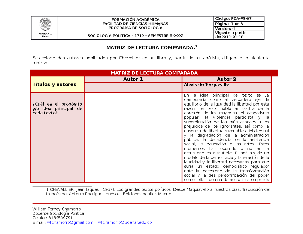 Matríz DE Lectura Comparada - Sociología Política julian - FORMACIÓN ...