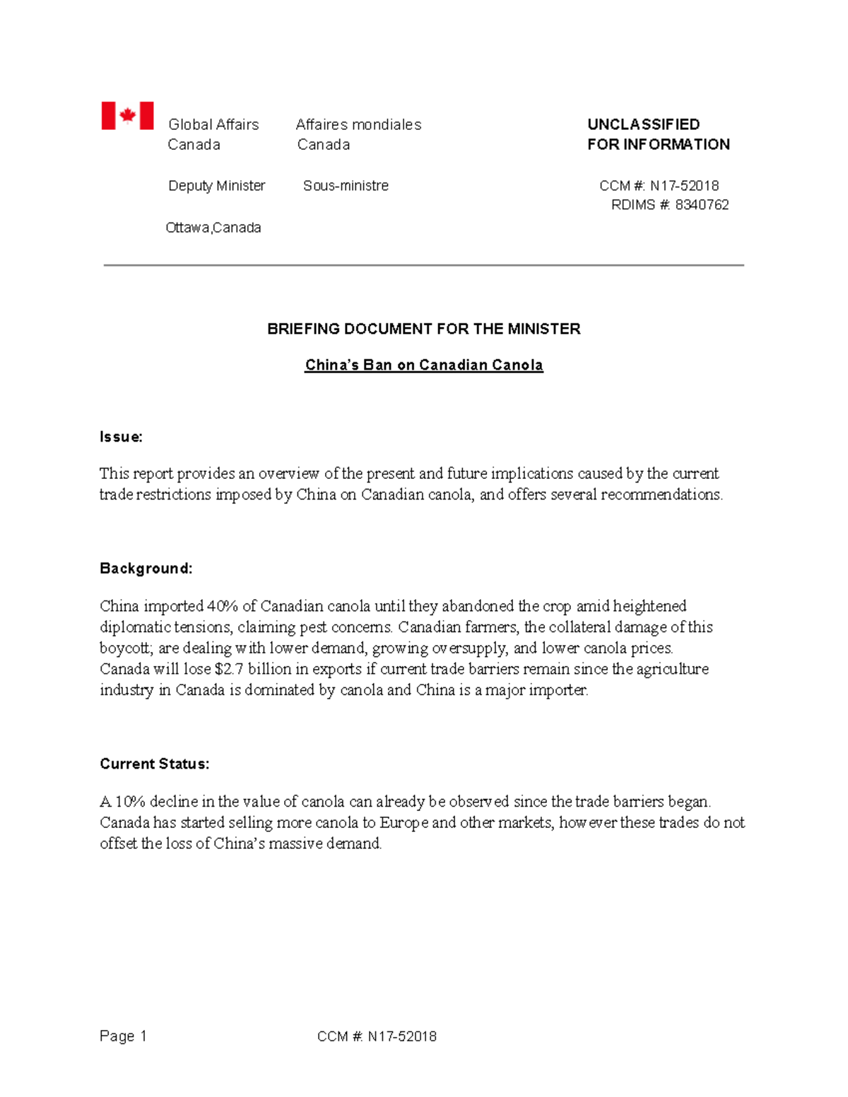 Briefing note 1 - Global Affairs Affaires mondiales UNCLASSIFIED Canada ...