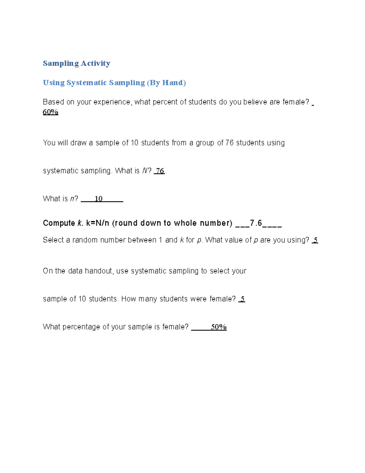 Sampling Lab - Sampling Activity Using Systematic Sampling (By Hand ...