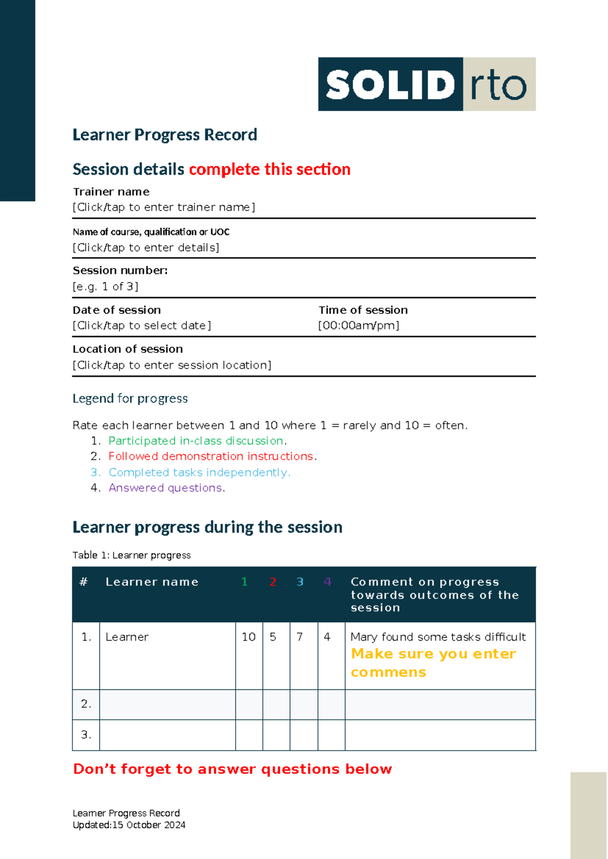 Tips on completing Learners Progress Records - Learner Progress Record ...