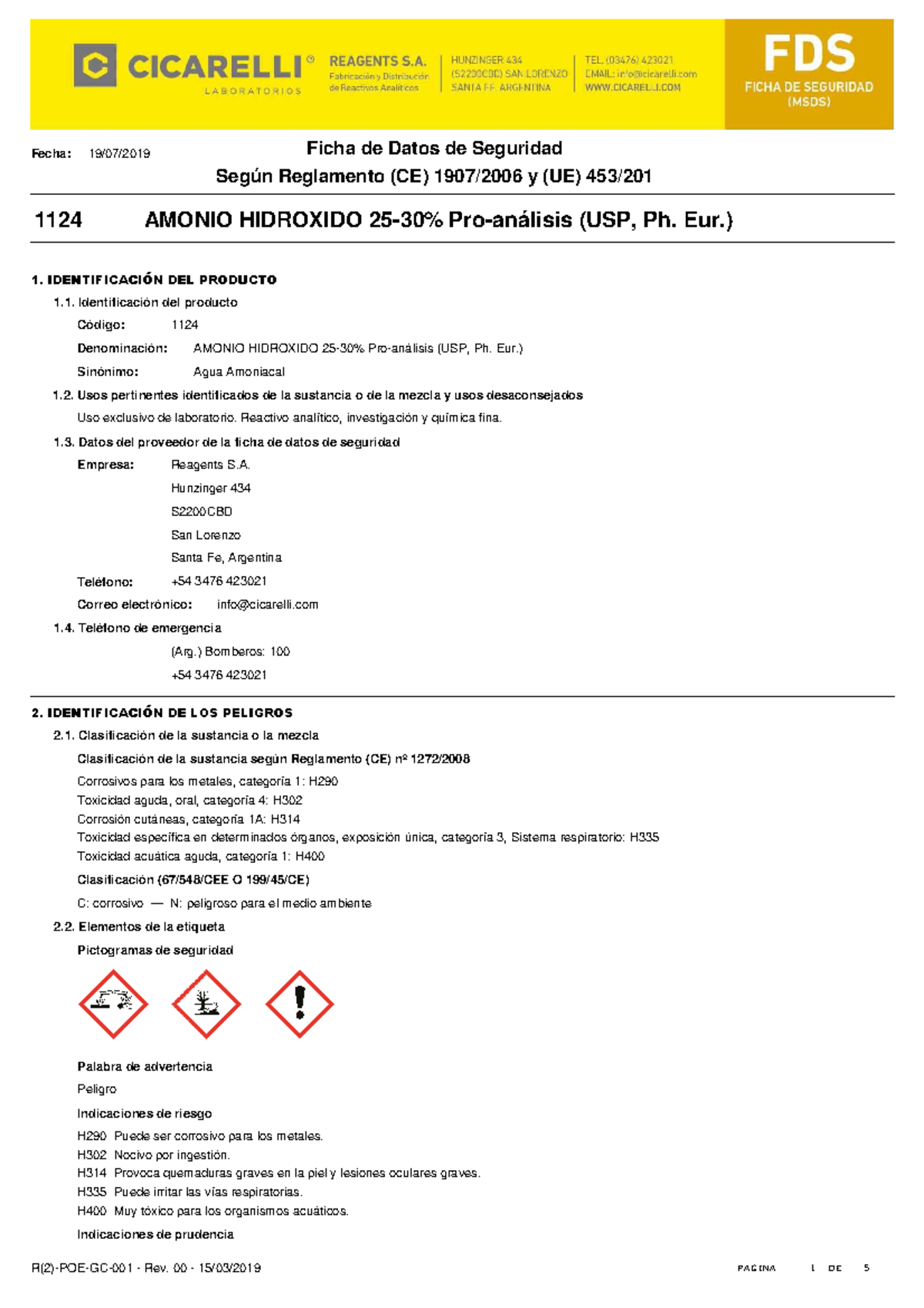 Hidroxido de amonio - NORMAS DE SEGURIDAD - Ficha de Datos de Seguridad ...