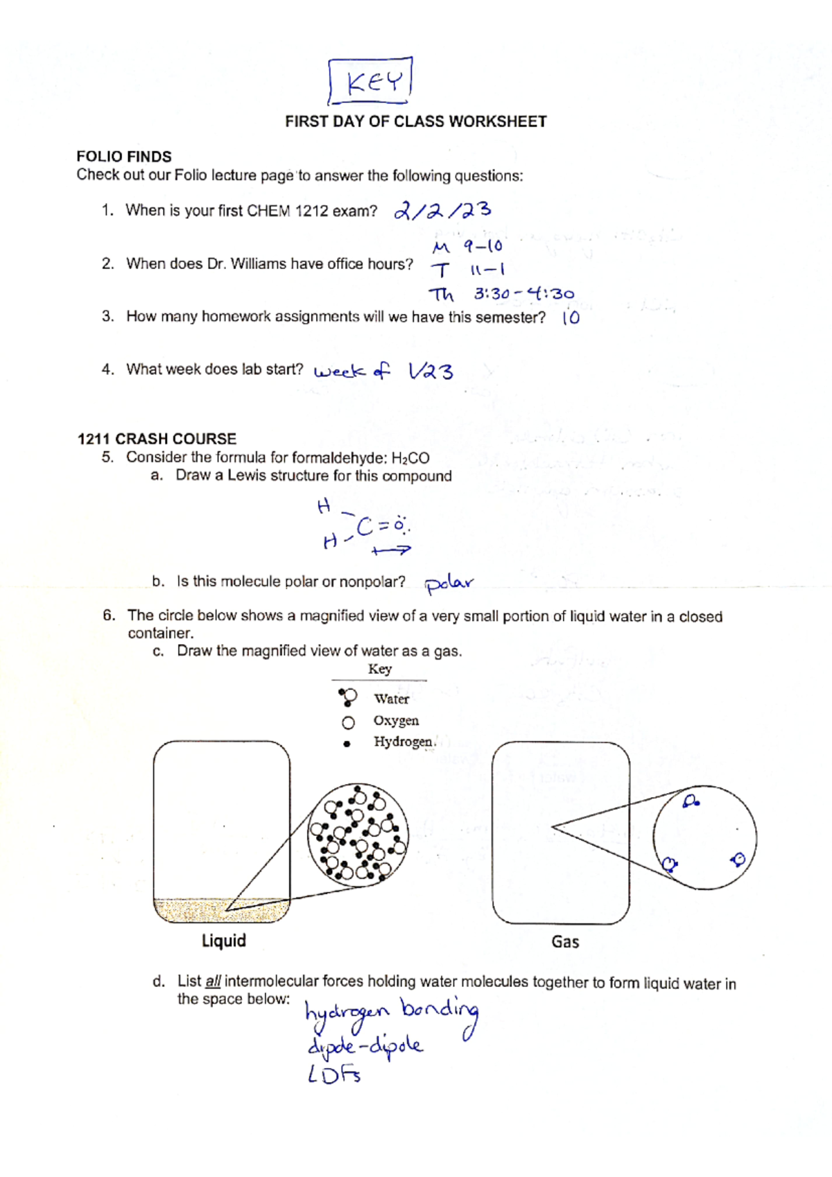 1212 First Day of Class Worksheet KEY - CHEM 1212 - Studocu