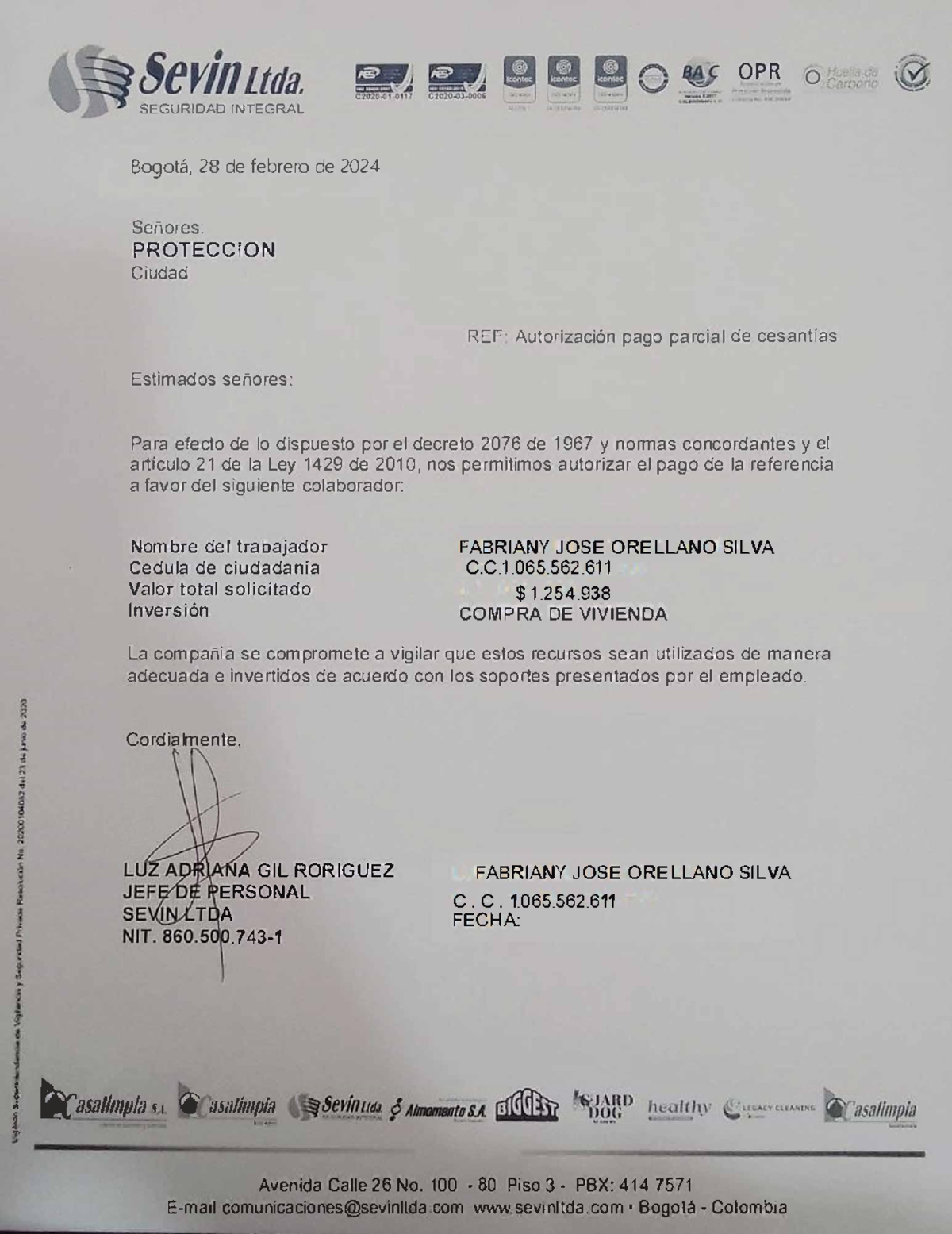 Fabriany JOSE O - ok este documento - SEGURIDAD INTEGRAL Bogotá, 2 8 de febrero de 2024 Señores ...
