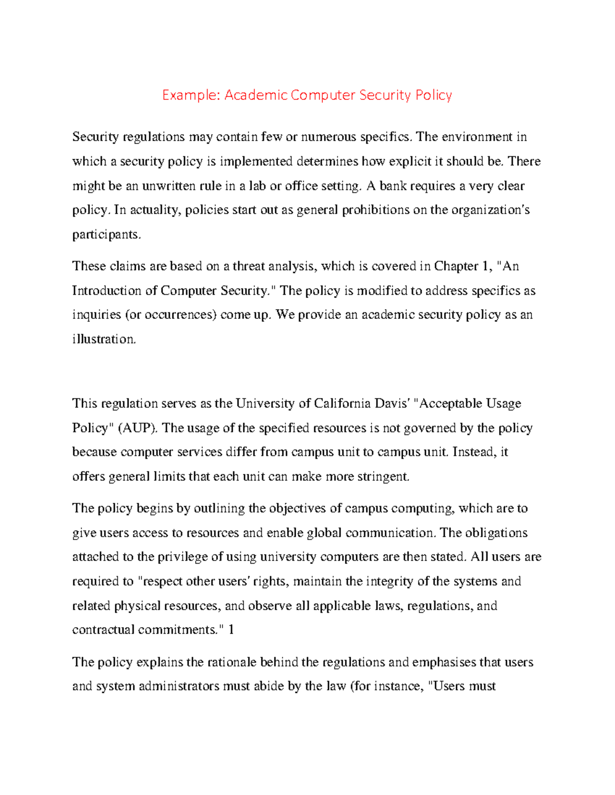 Example Academic Computer Security Policy - Example: Academic Computer ...