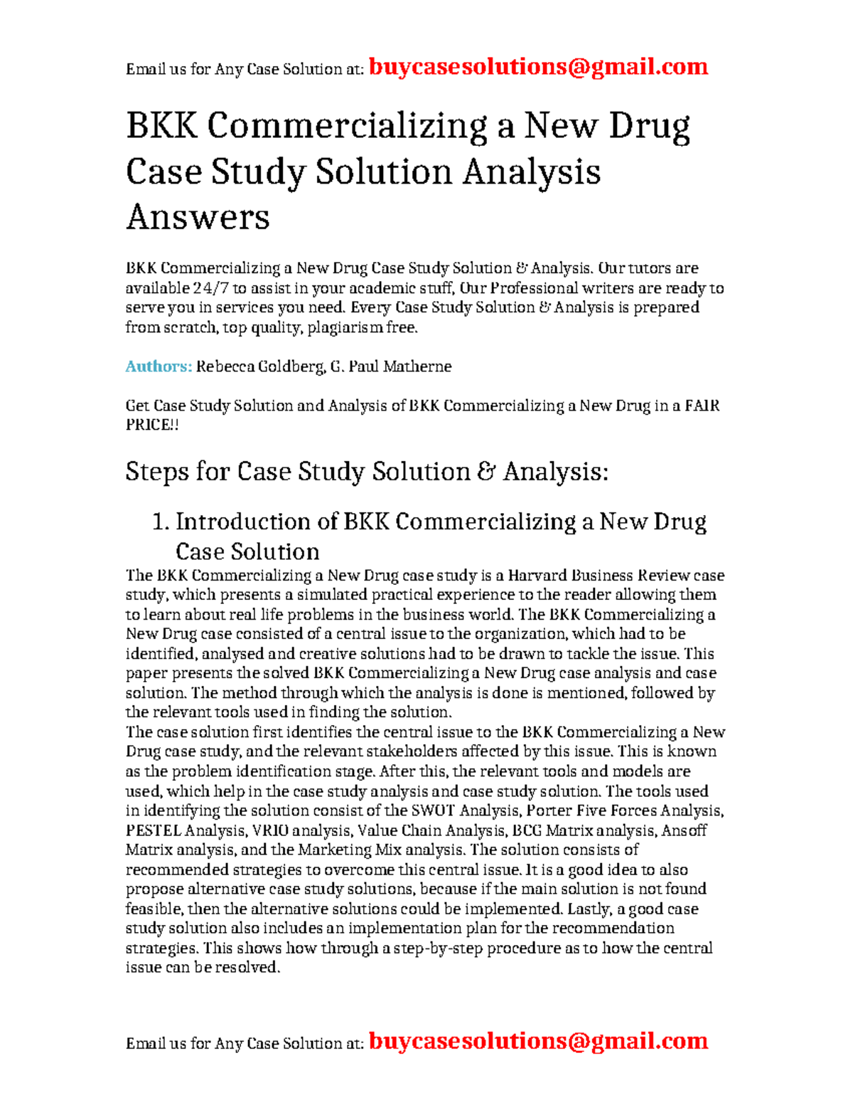 Case Solution BKK Commercializing a New Drug - BKK Commercializing a ...
