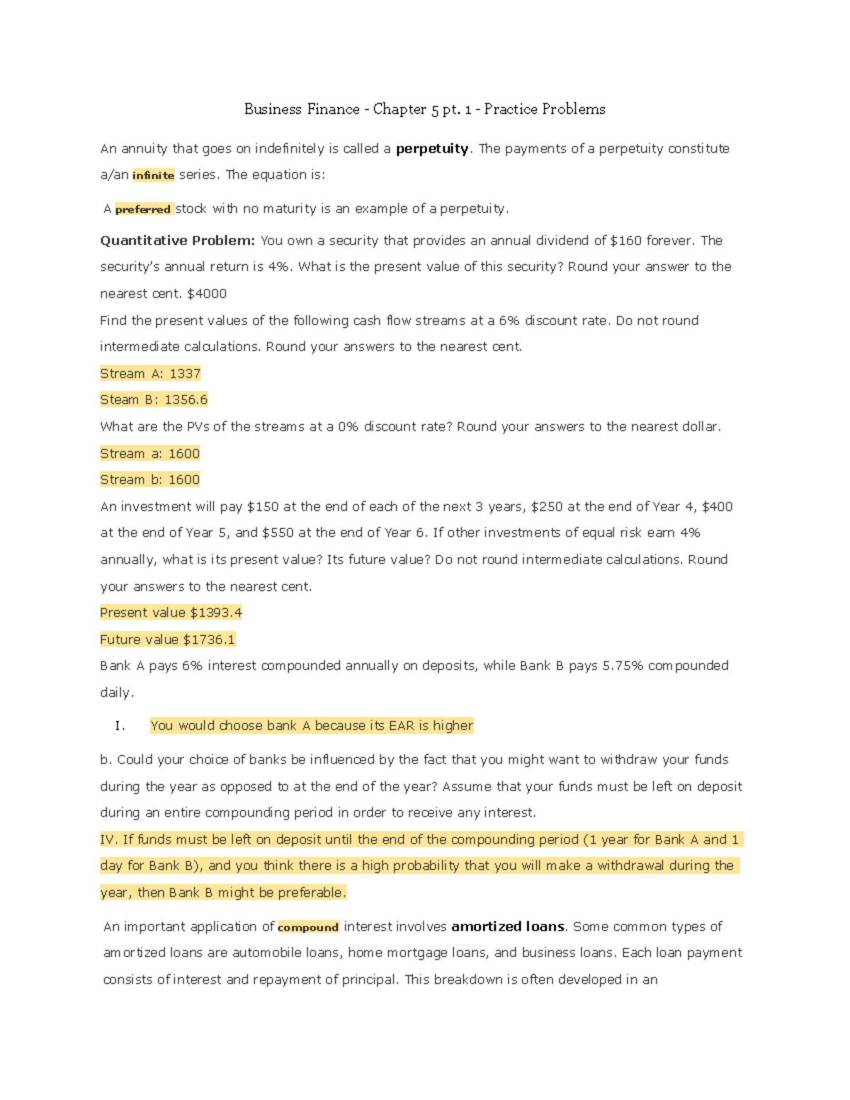 Business Finance - Chapter 5 pt.1 - 1 - Practice Problems An annuity ...