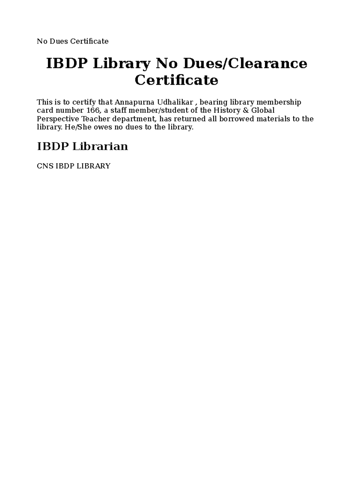 Discharge 85 - trthgfdg - History HL - No Dues Certificate IBDP Library ...
