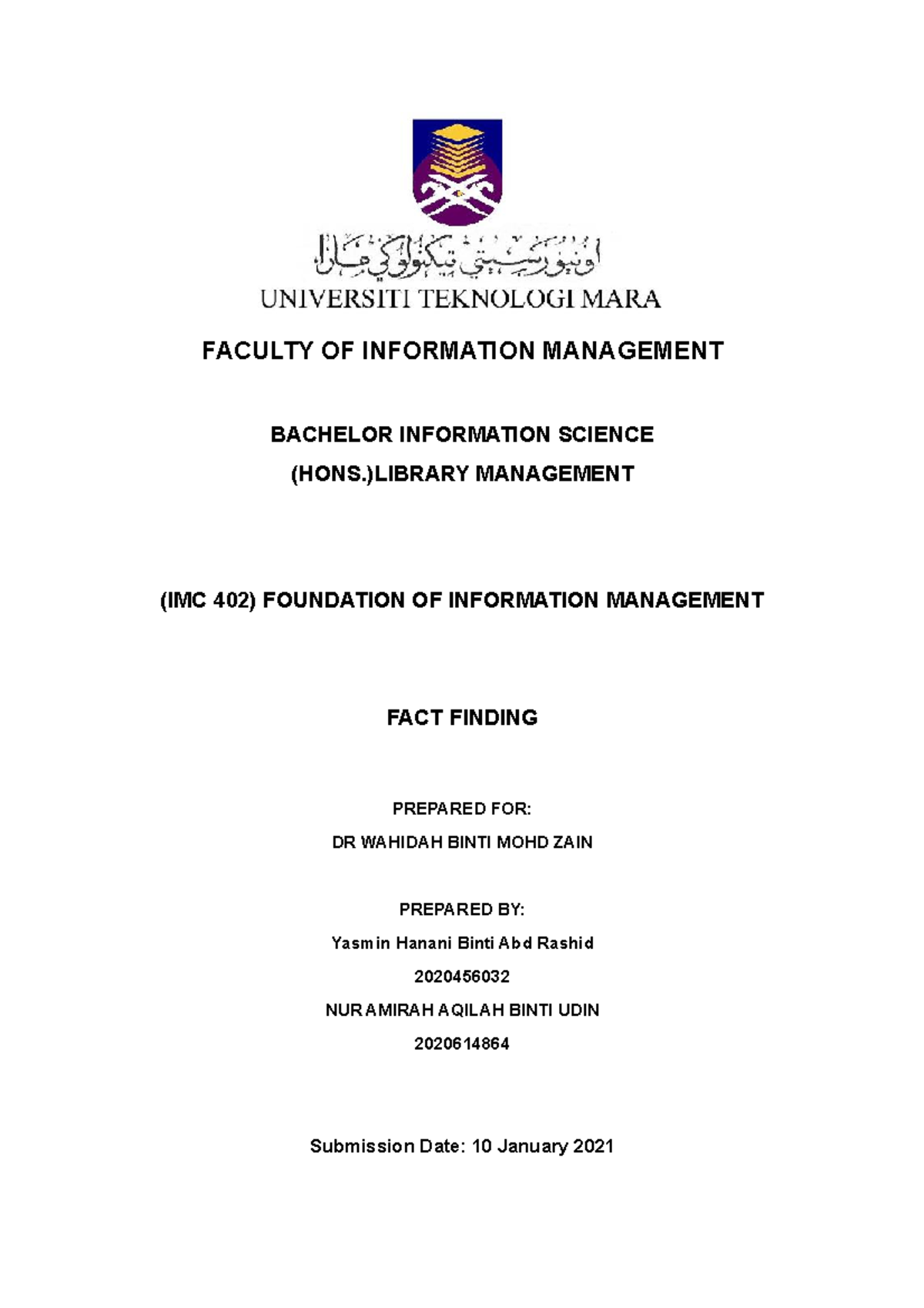 Assignment 2 FACT Finding - FACULTY OF INFORMATION MANAGEMENT BACHELOR ...