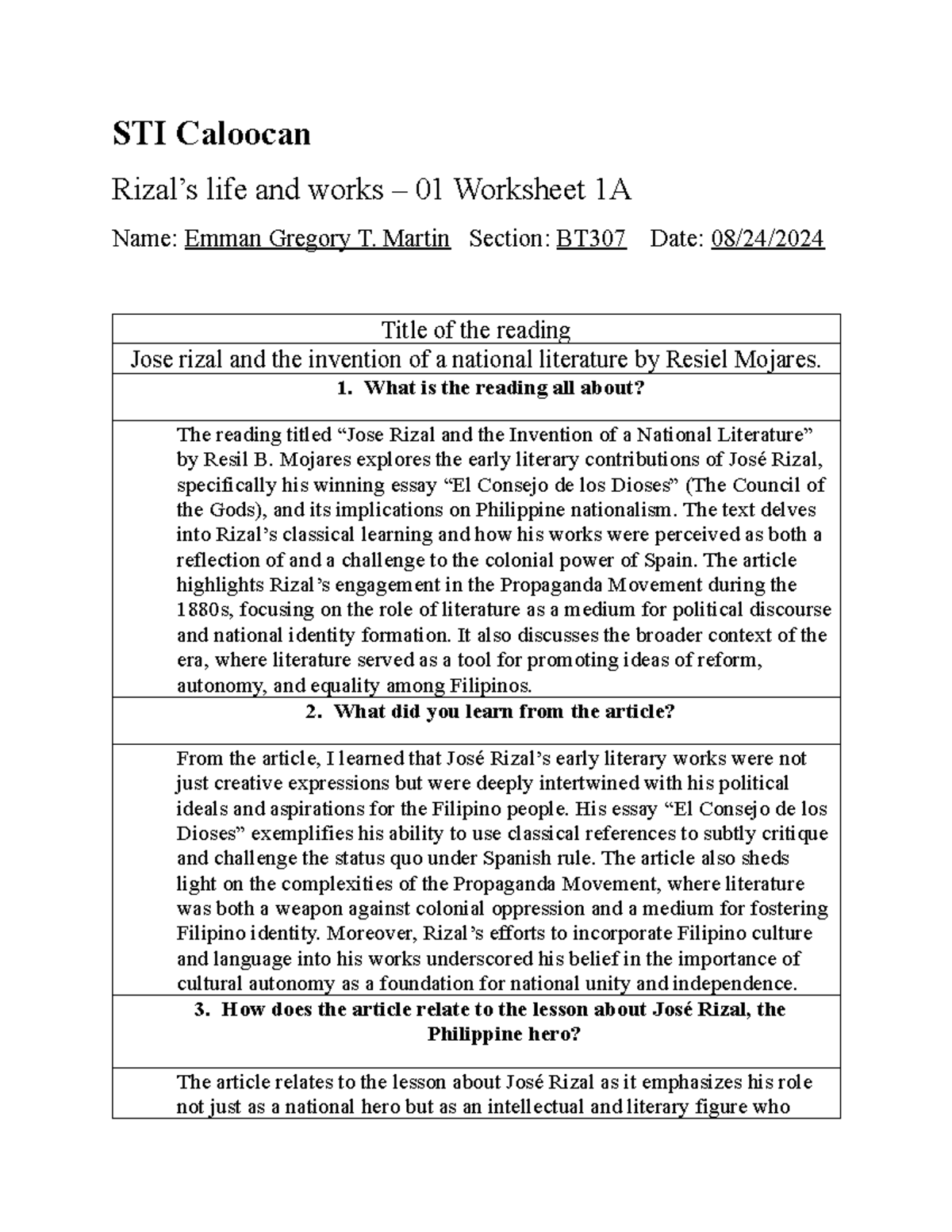 RLW^J Emman Martin 1A - Hello - STI Caloocan Rizal’s life and works ...