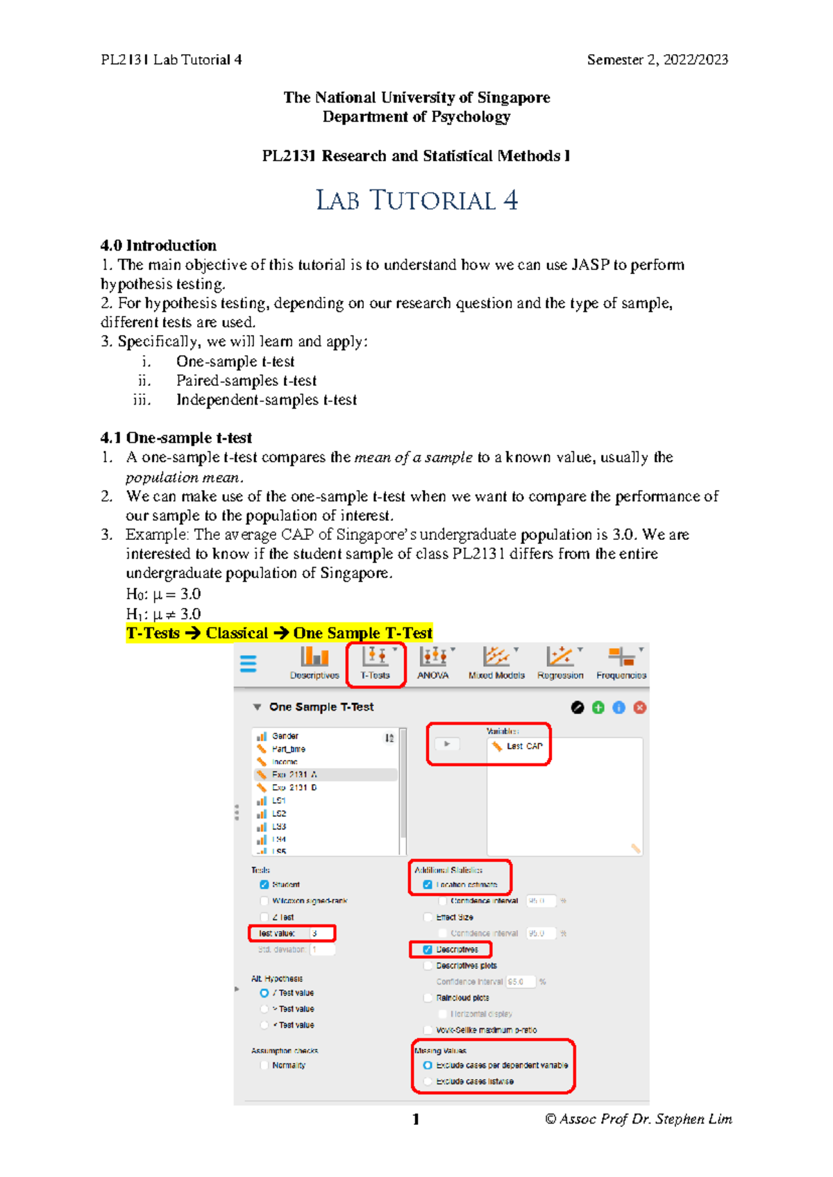 PL2131 Lab Tutorial 4 Handout - The National University of Singapore Department of Psychology ...