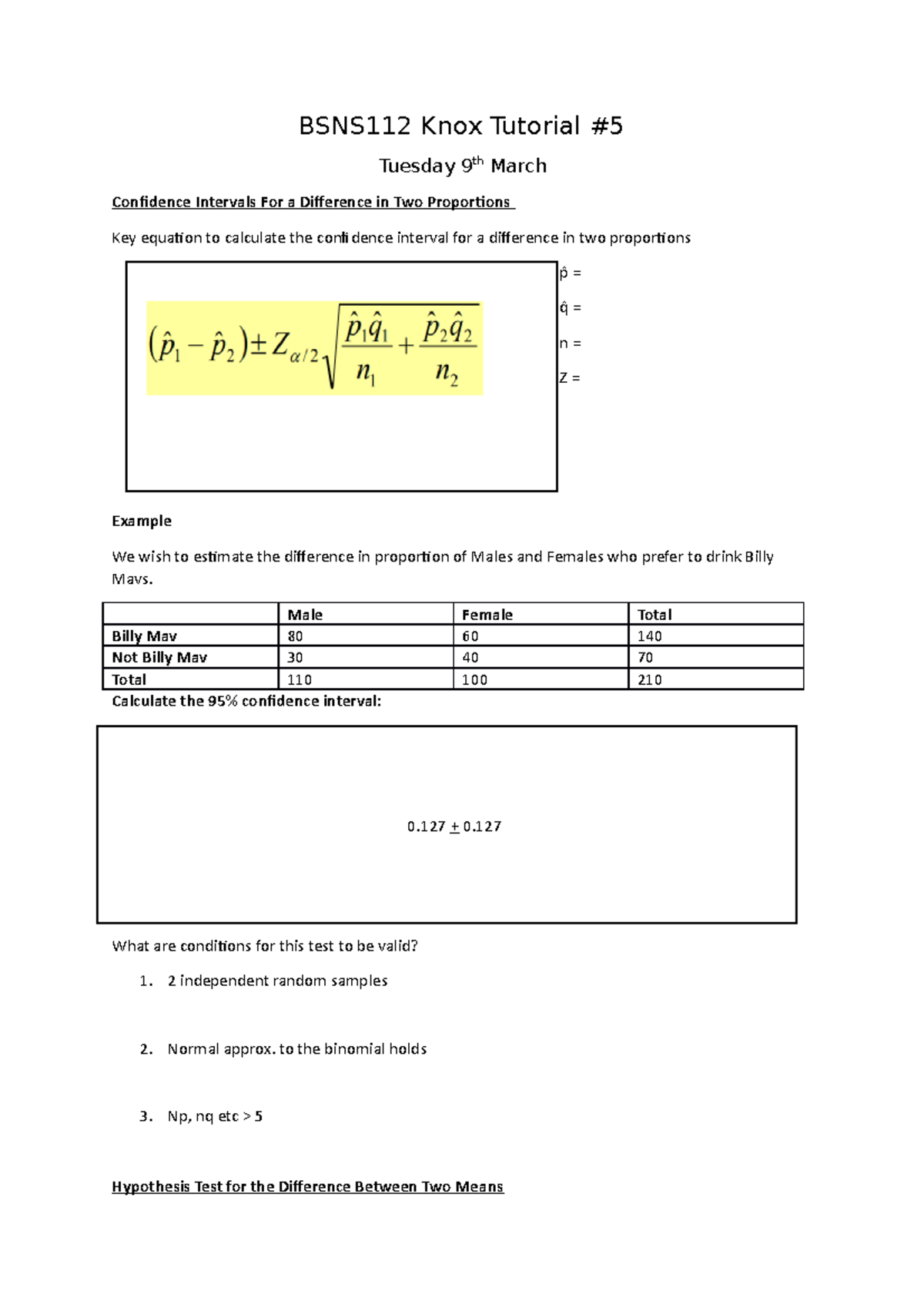 BSNS112 Tutorial # 5 - answers - BSNS112 Knox Tutorial Tuesday 9th March Confidence Intervals ...