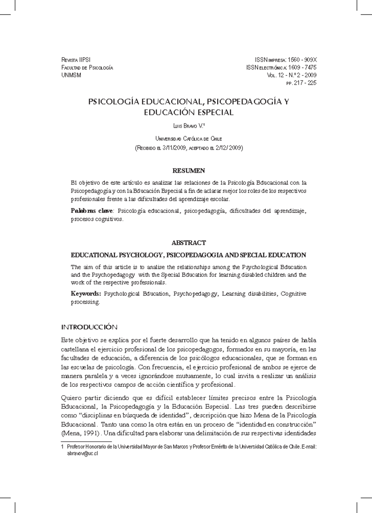 2009 Bravo Psicolog Ã a educacional, psicopedagog Ã a y educaci Ã³n especial - PSICOLOGÍA - Studocu
