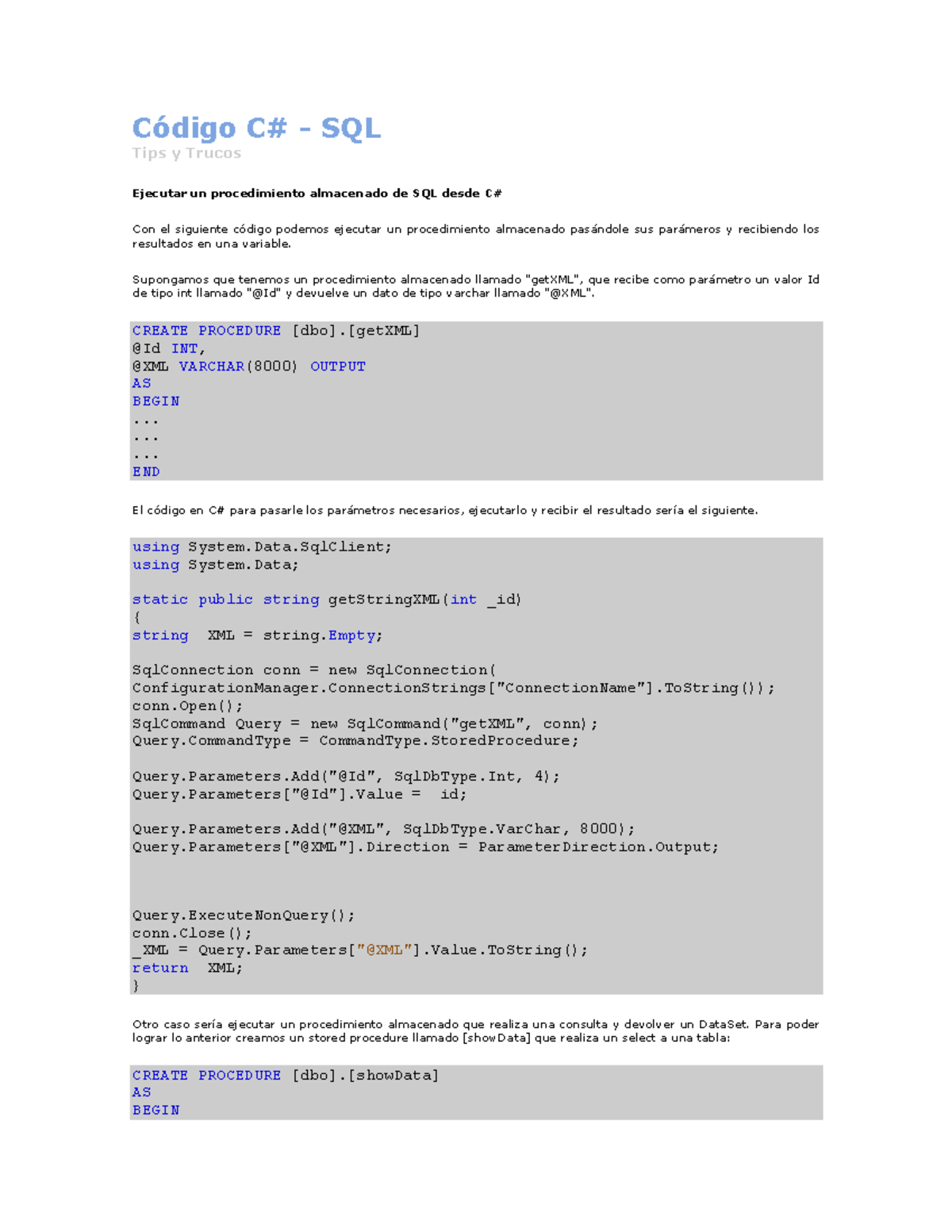 Pdfcoffee - prueba - Código C# - SQL Tips y Trucos Ejecutar un procedimiento almacenado de SQL ...