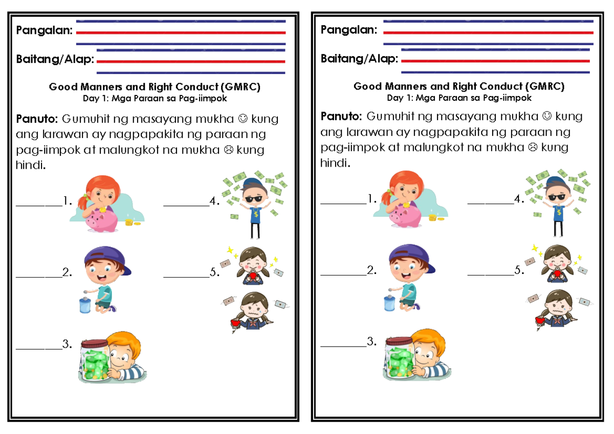 G1 Q1 W3 GMRC WS - NONE - Pangalan: Baitang/Alap: Good Manners and Right Conduct (GMRC) Day 1 ...