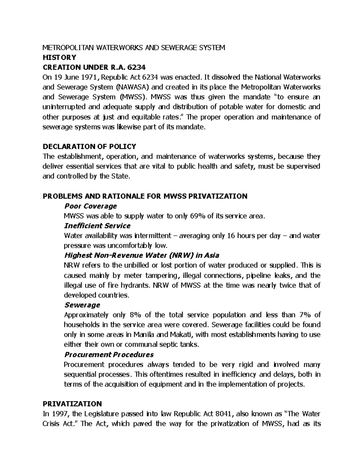 Metropolitan Water - FGRG - METROPOLITAN WATERWORKS AND SEWERAGE SYSTEM ...