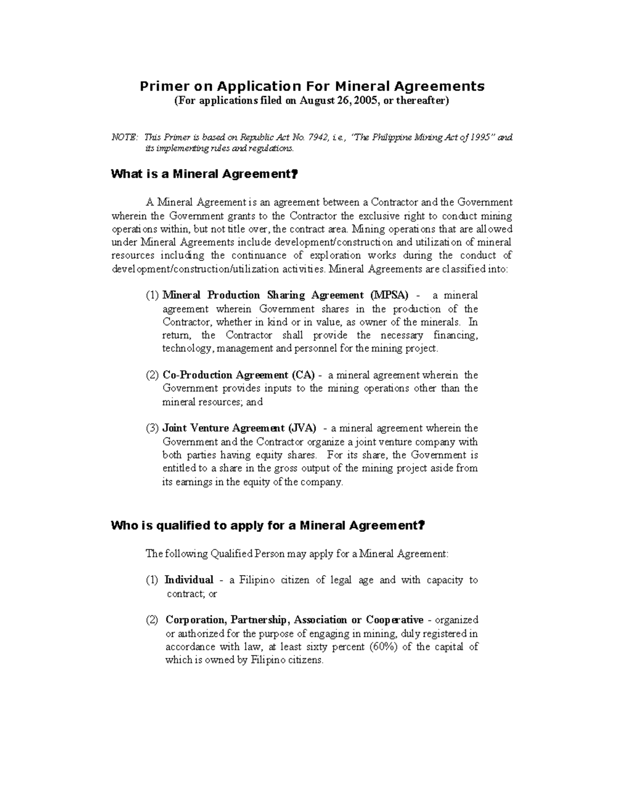 Mineral agreements - Primer on Application For Mineral Agreements (For ...