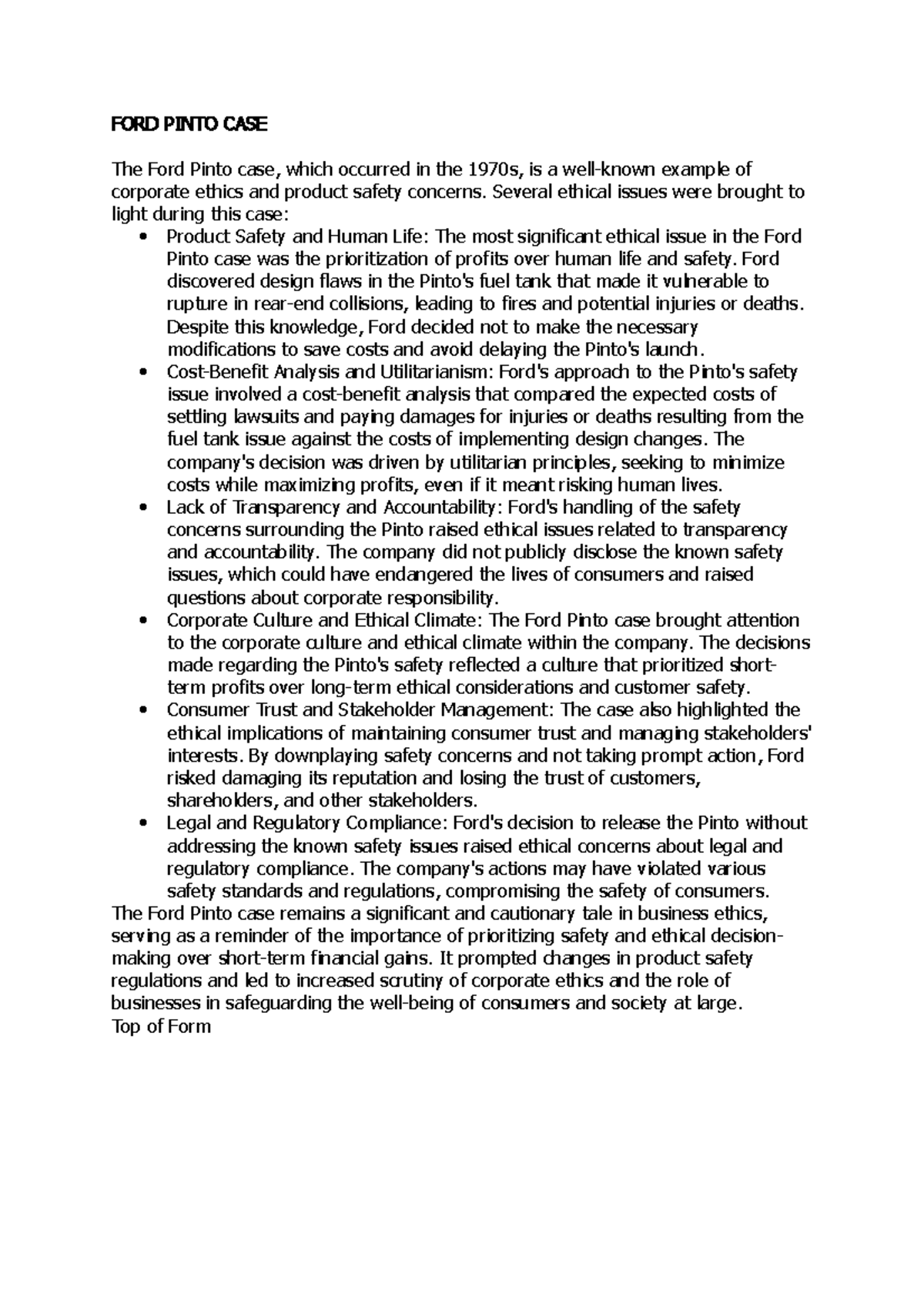 FORD Pinto CASE - FORD PINTO CASE The Ford Pinto case, which occurred ...