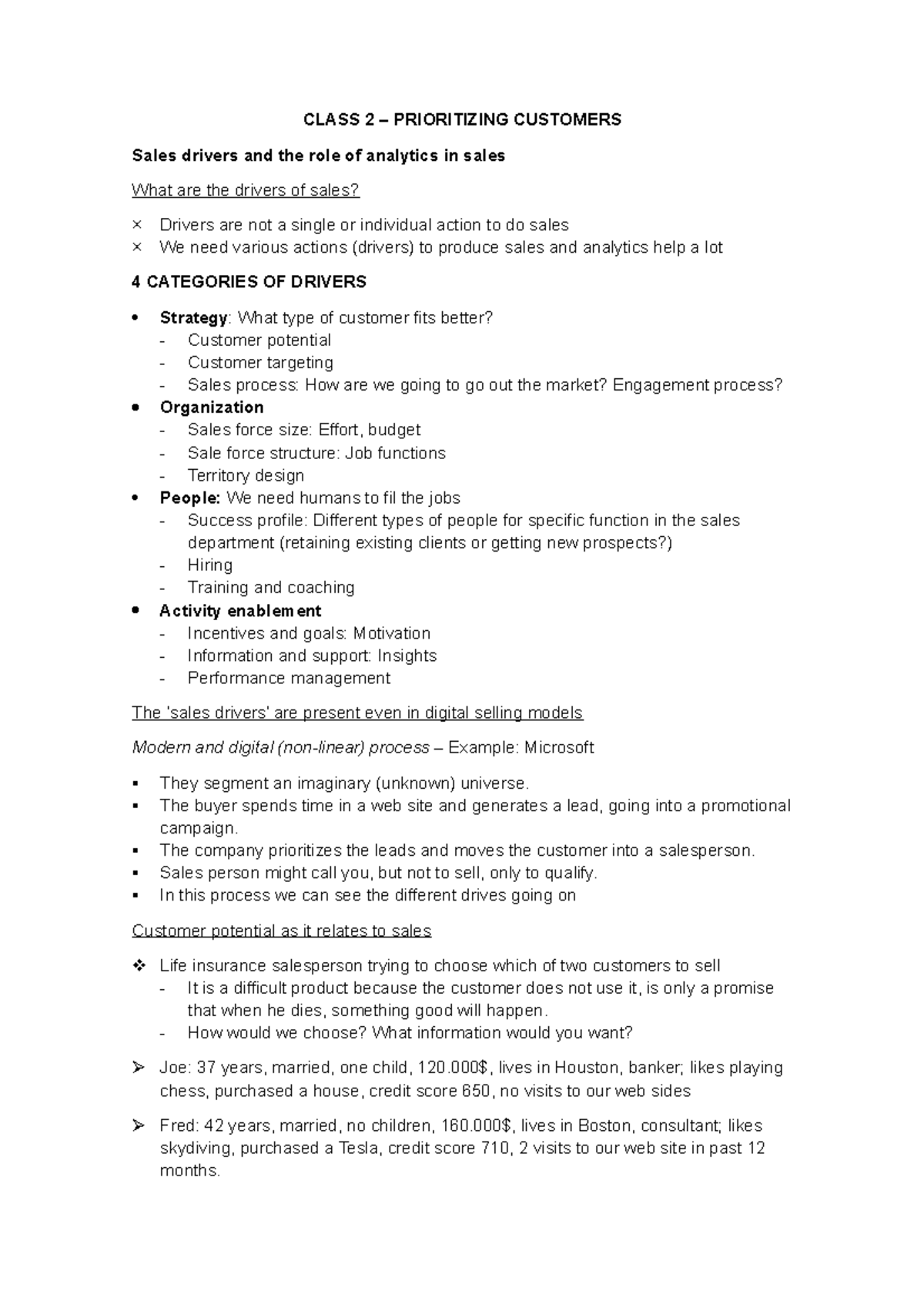 Lecture 2 - Class 2 notes - CLASS 2 – PRIORITIZING CUSTOMERS Sales ...