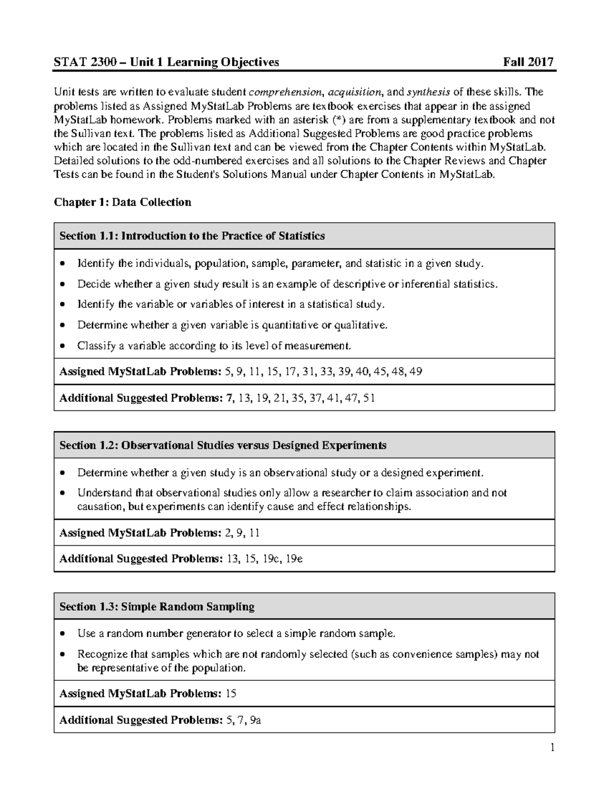 Unit 1 Learning Objectives - STAT 2300 Unit 1 Learning Objectives Fall ...