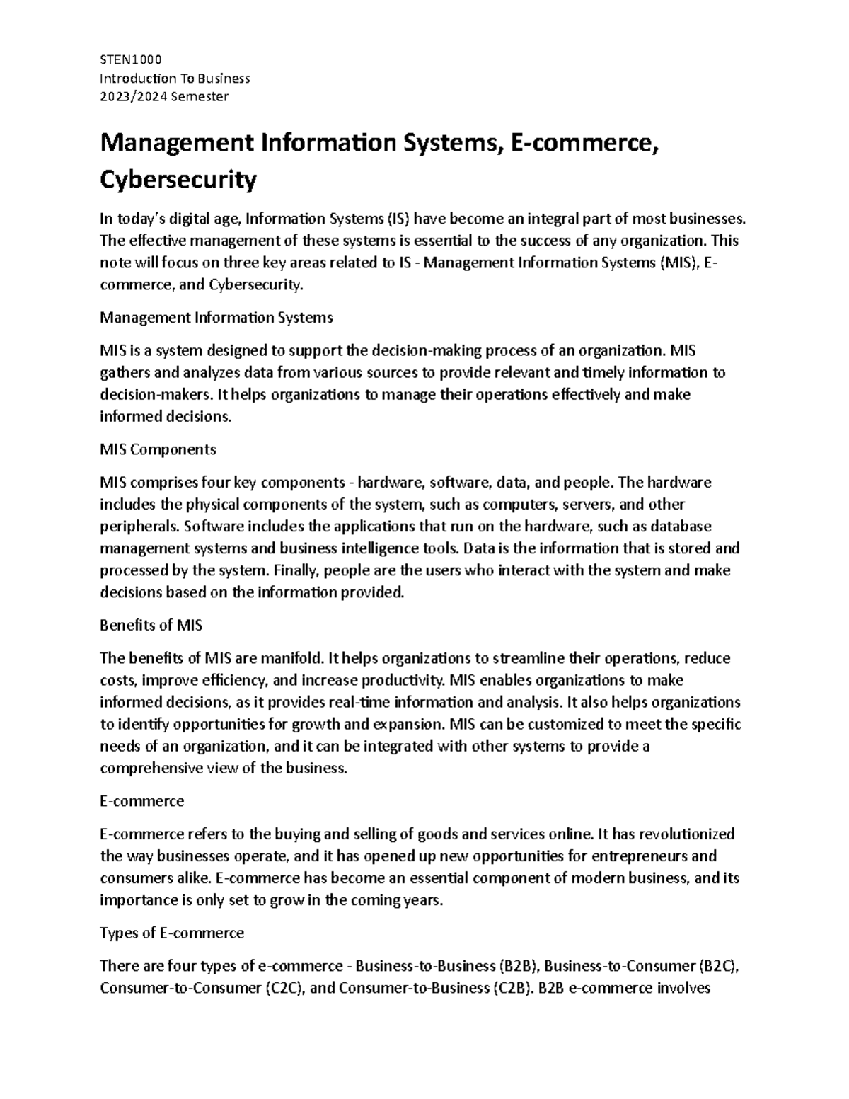 Management Information Systems, E-commerce, Cybersecurity - STEN Introduction To Business 2023/ ...