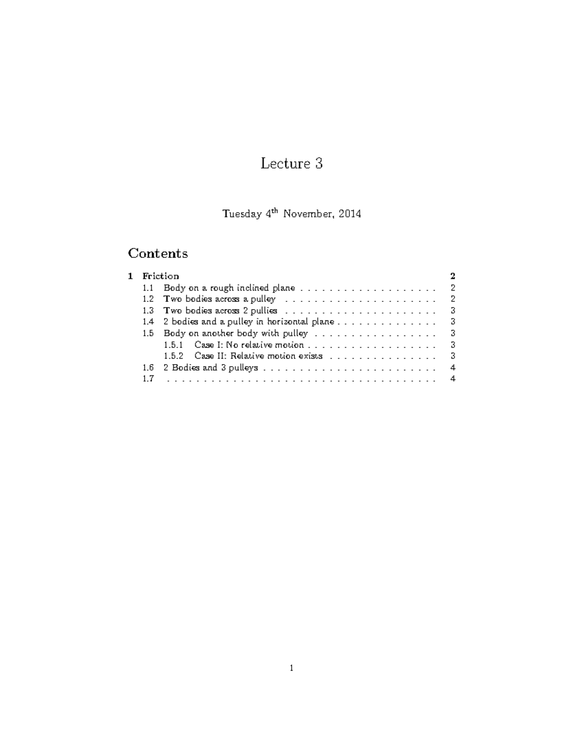 Physics Friction Contents Lecture Tuesday 4th November 1