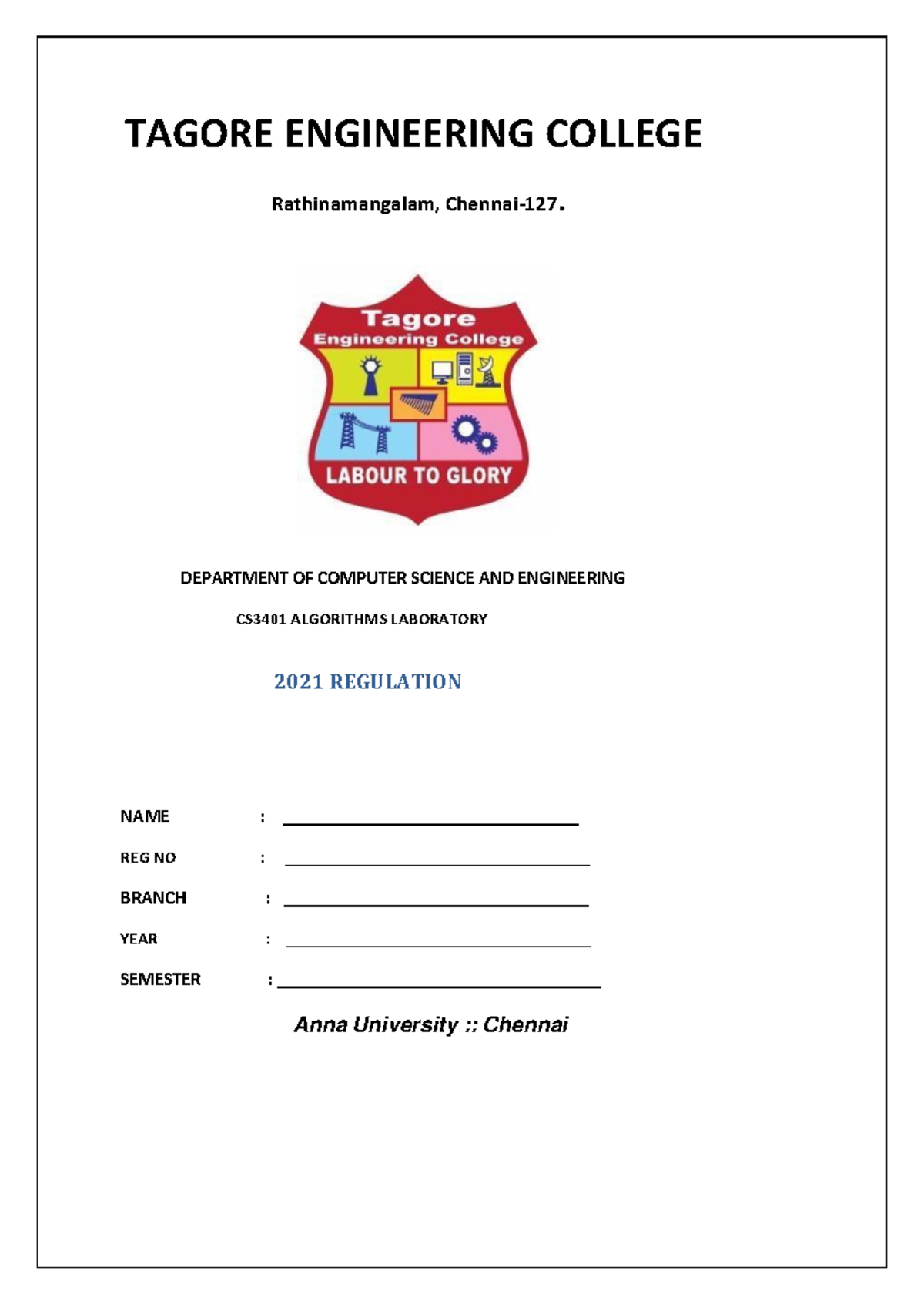 Algorithm Lab Manual - TAGORE ENGINEERING COLLEGE Rathinamangalam ... Algorithm Lab Manual - TAGORE ENGINEERING COLLEGE Rathinamangalam ...