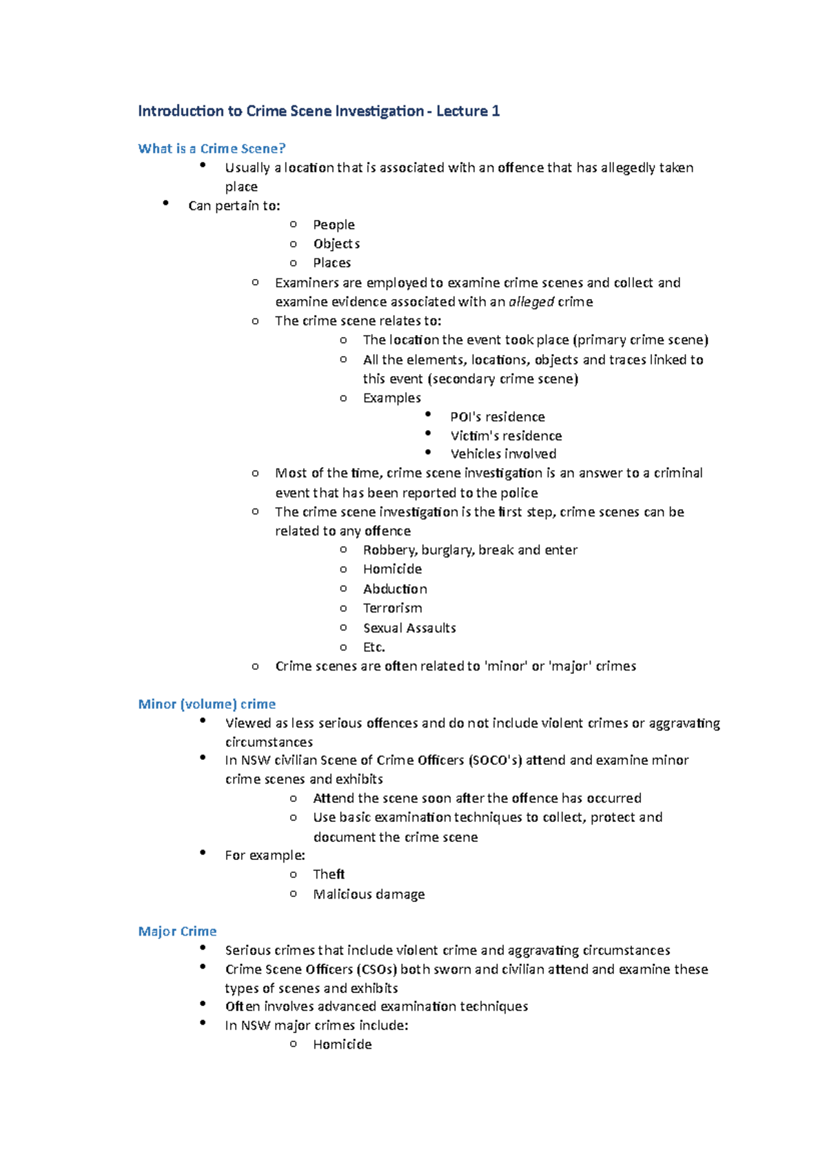 Introduction to Crime Scene Investigation - Lecture 1 - 065242 - Studocu
