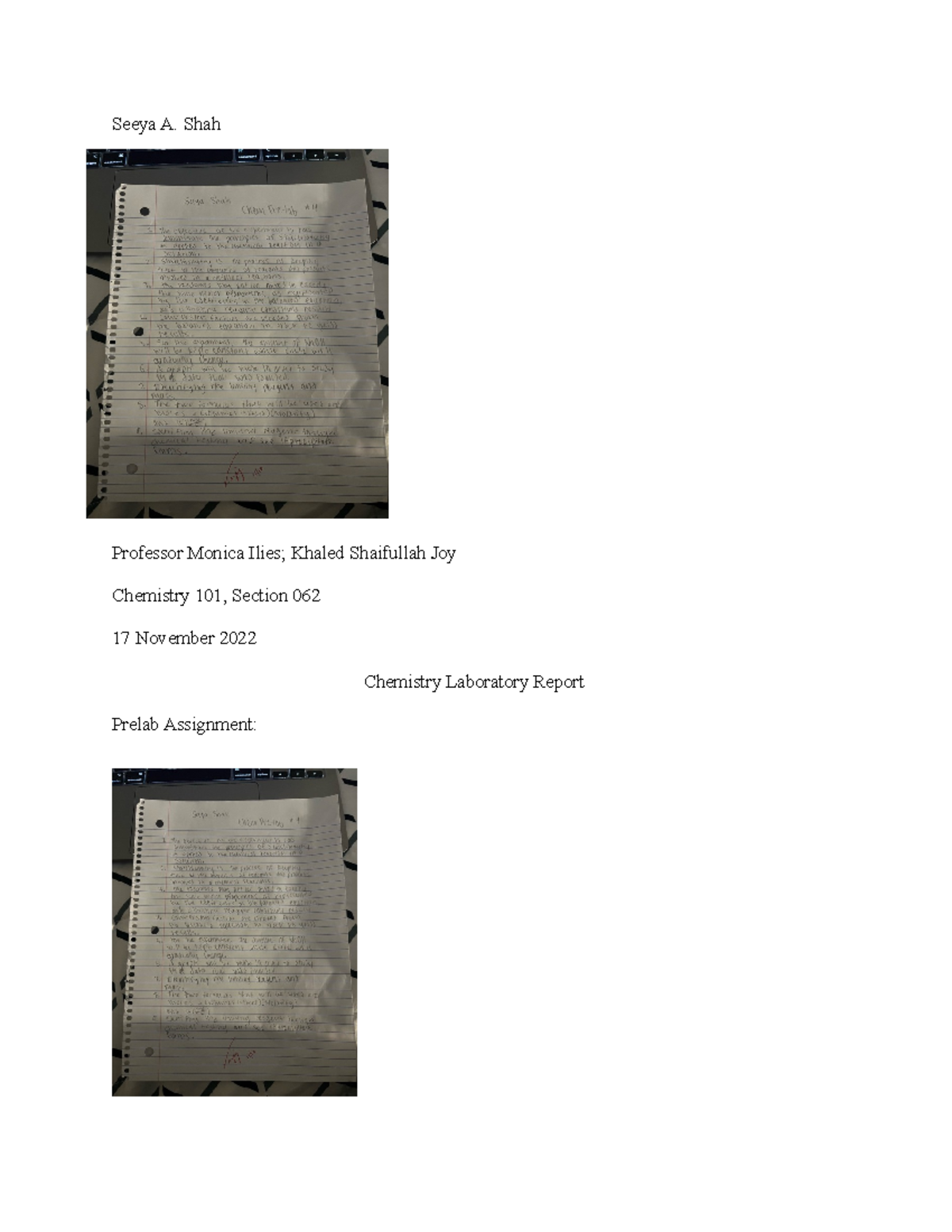 Chem 101 Lab Report 4 - Seeya A. Shah Professor Monica Ilies; Khaled ...